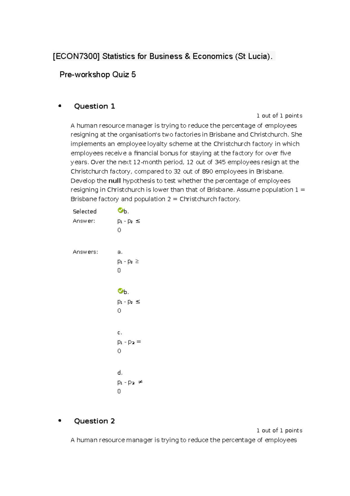 ECON7300 PRE WORKSHP QUIZ 5 - [ECON7300] Statistics for Business ...