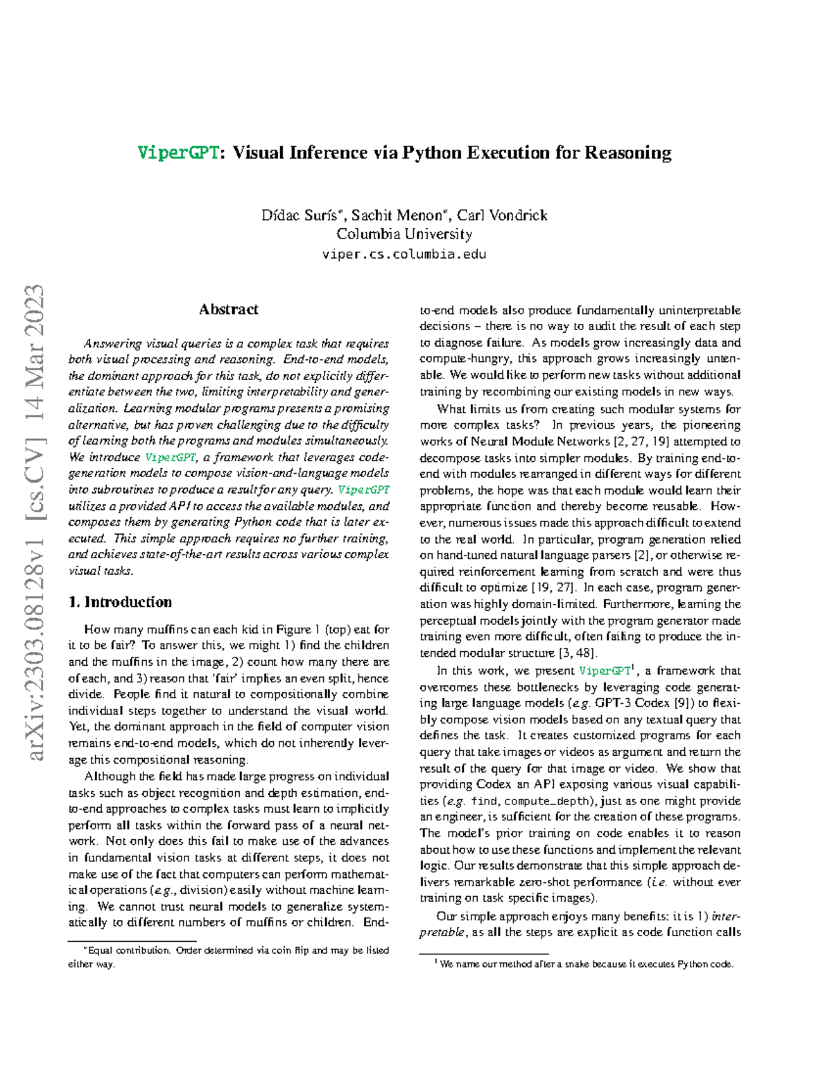 2303 - paper - ViperGPT: Visual Inference via Python Execution for Reasoning Dídac Surís ...
