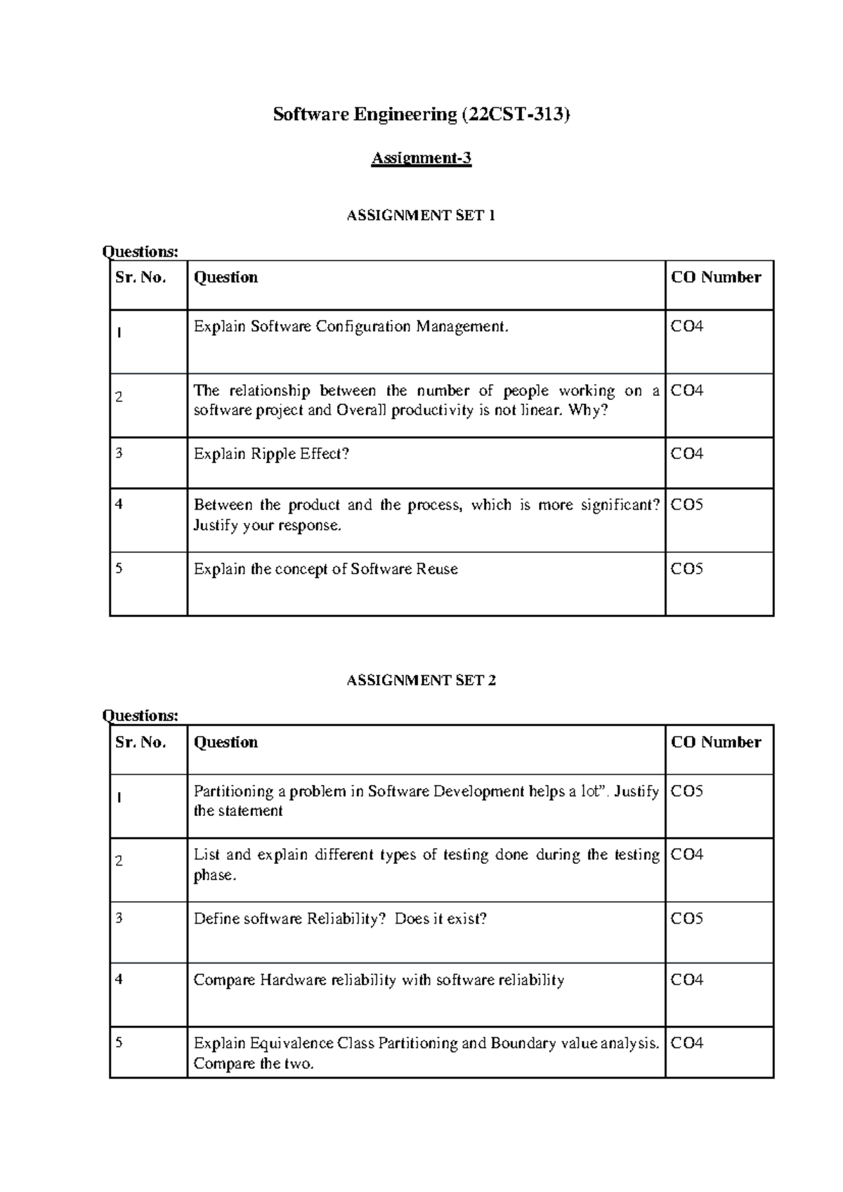 Assignment-3 Set-Wise - Software Engineering (22CST-313) Assignment- 3 ASSIGNMENT SET 1 ...