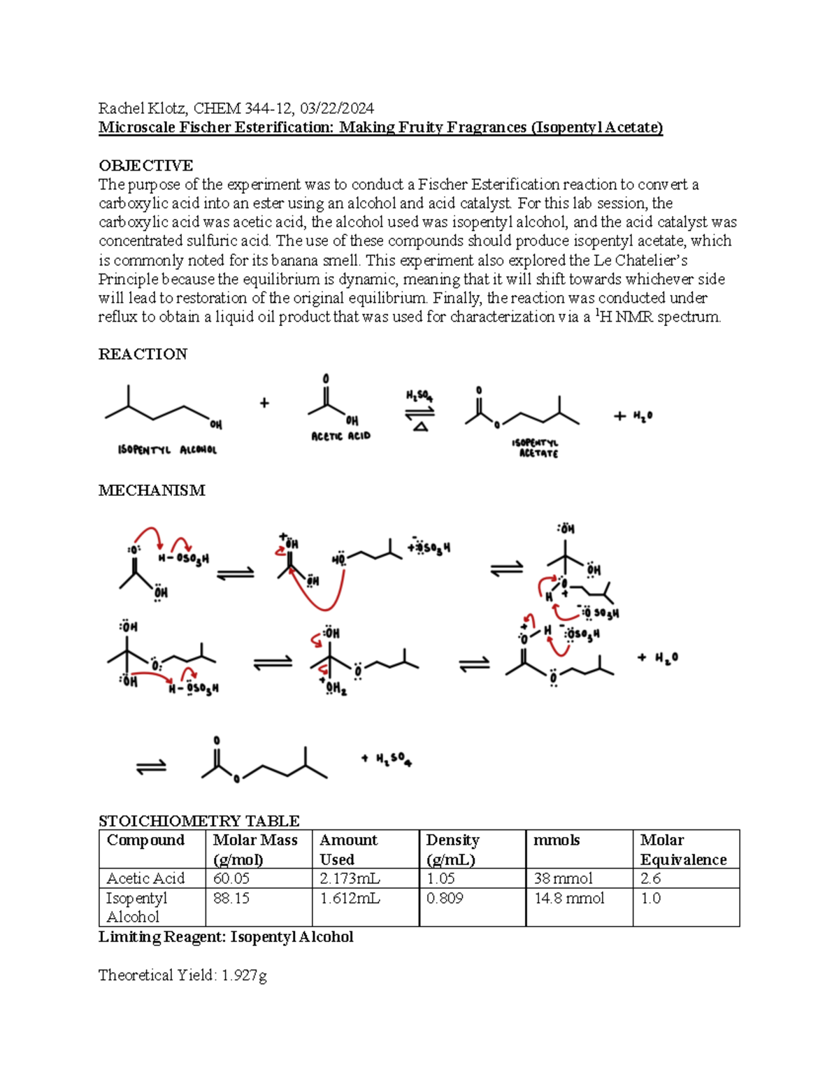 CHEM 344-12 Experiment 9 Lab Report - Rachel Klotz, CHEM 344-12, 03/22 ...