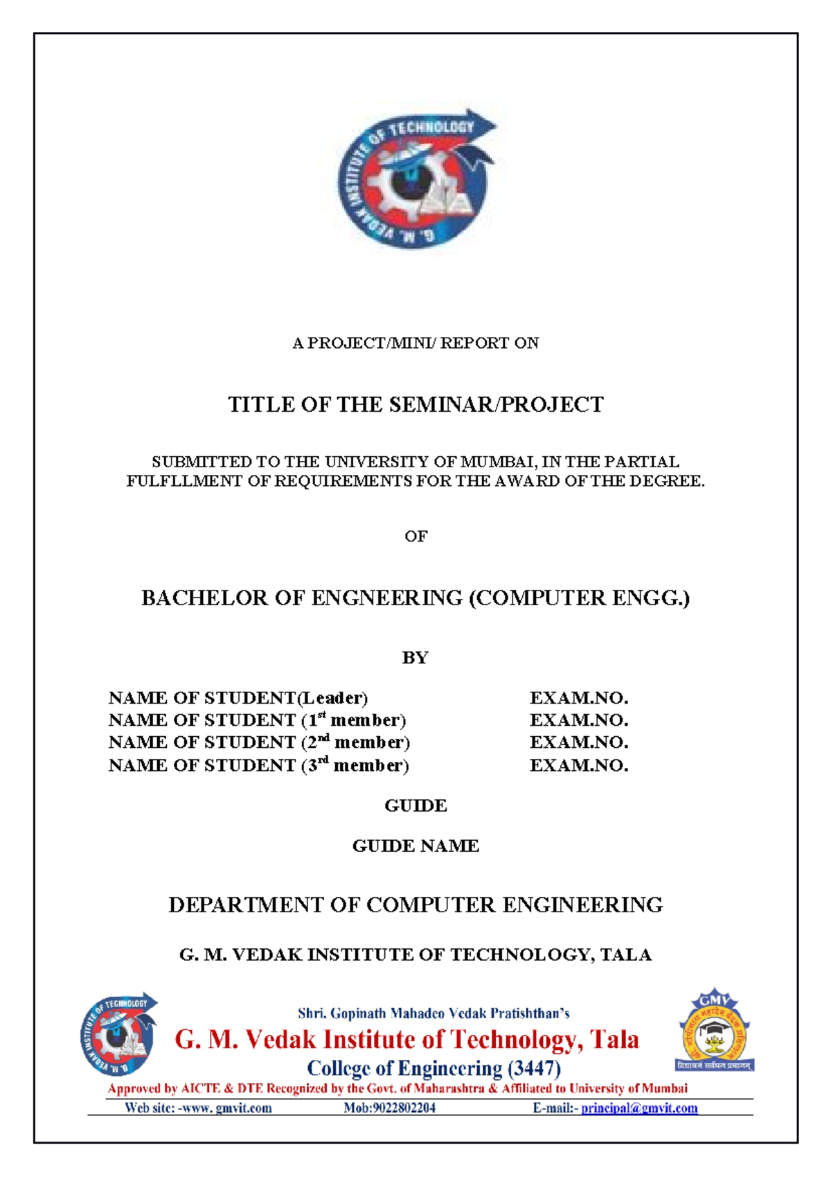 1. First 4 Pages - fdfdsdfsdf - A PROJECT/MINI/ REPORT ON TITLE OF THE SEMINAR/PROJECT SUBMITTED ...