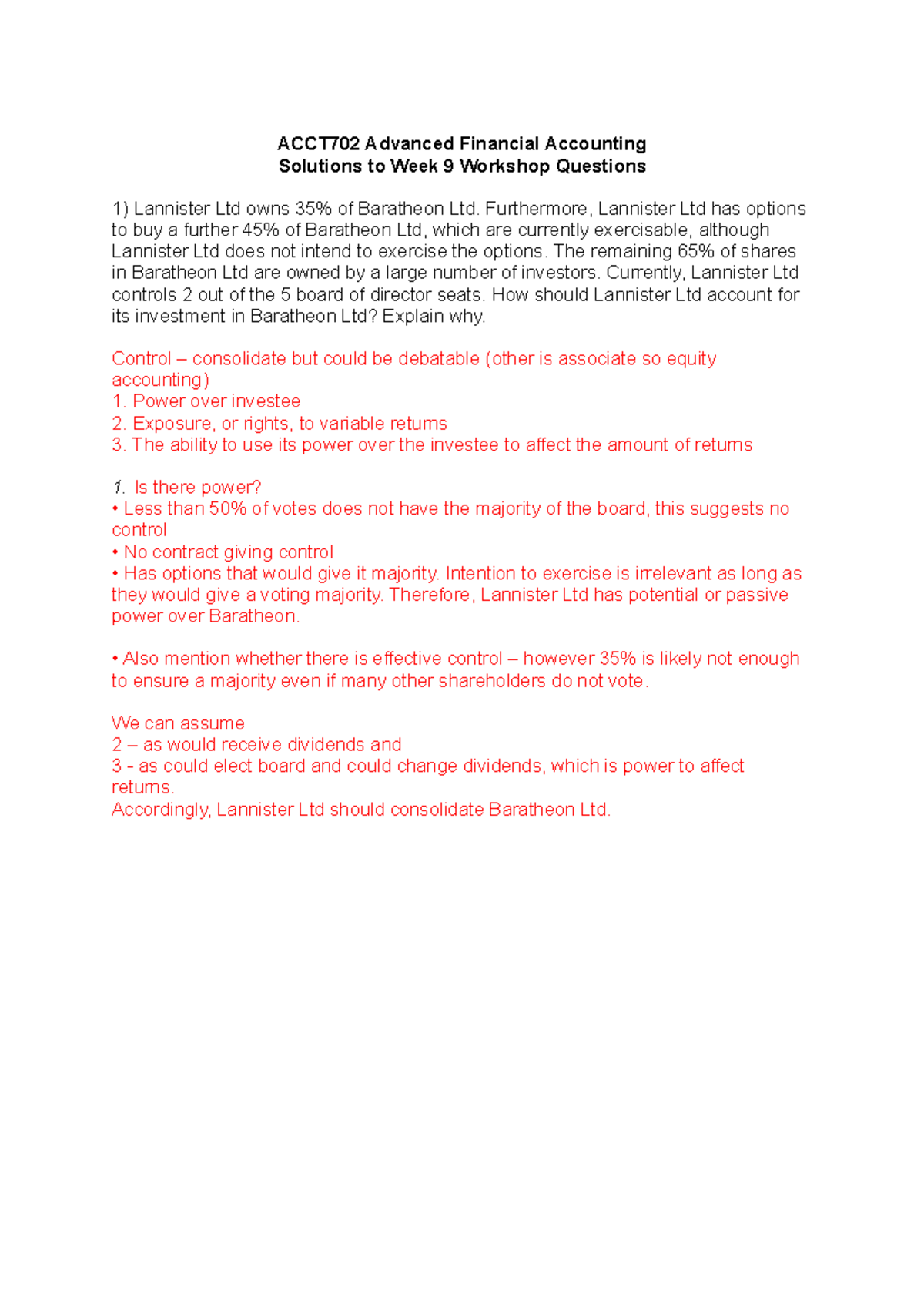 Week 9 Solutions to Workshop Exercises - ACCT702 Advanced Financial ...