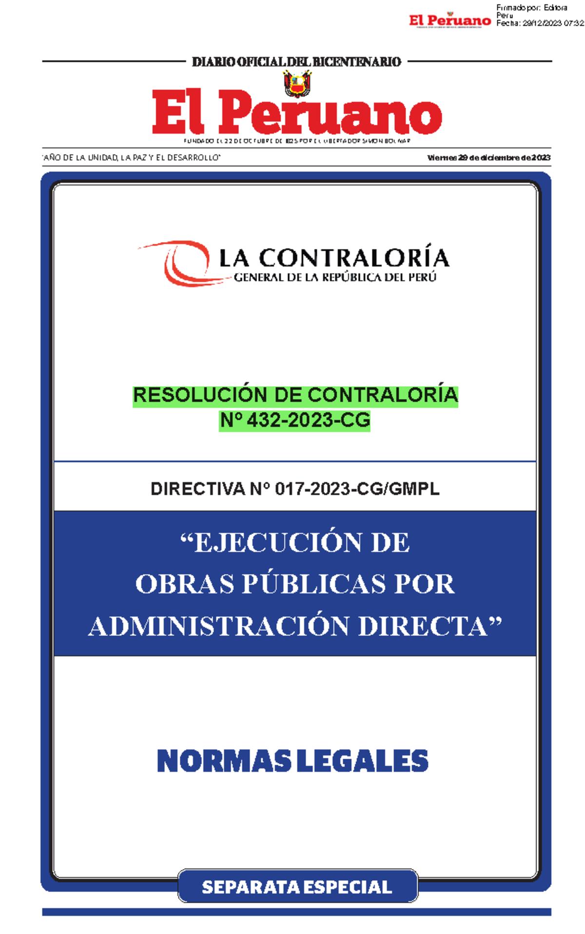 4984570 directiva n 017 2023 cg gmpl - SEPARATA ESPECIAL RESOLUCIÓN DE ...