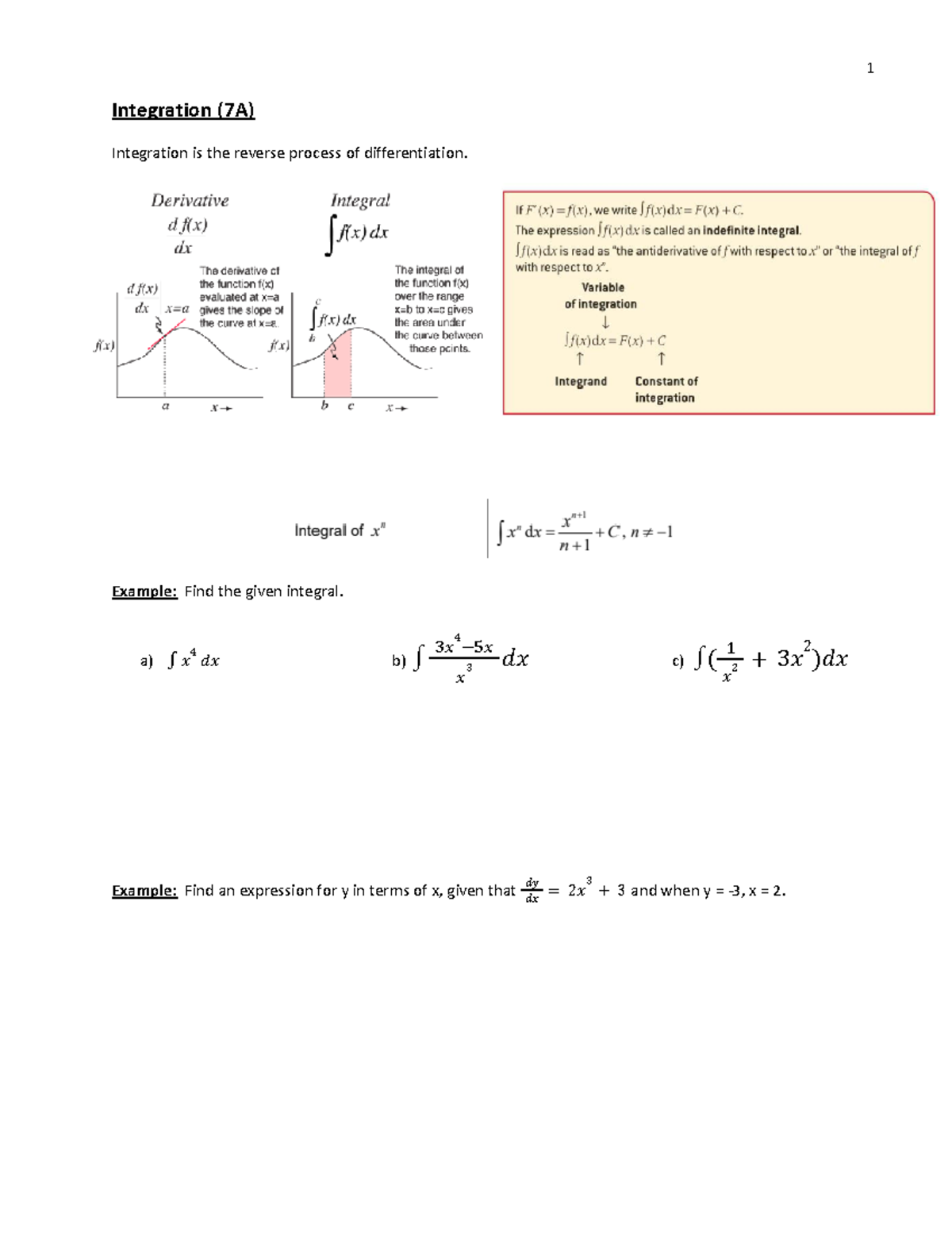 1 Integration - Mandatory integral assignment - 1 Integration (7A) Integration is the reverse ...