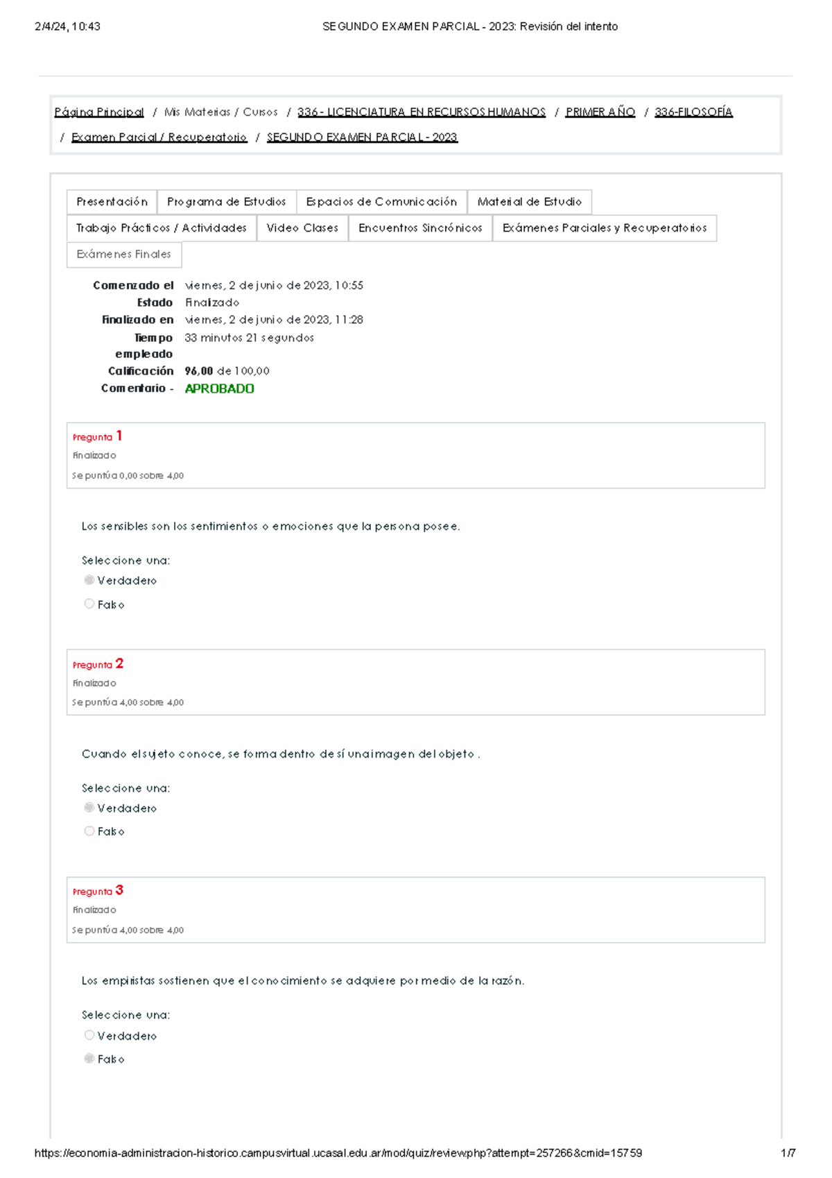 Segundo Examen Parcial - 2023 Revisión del intento - Página Principal / Mis Materias / Cursos ...