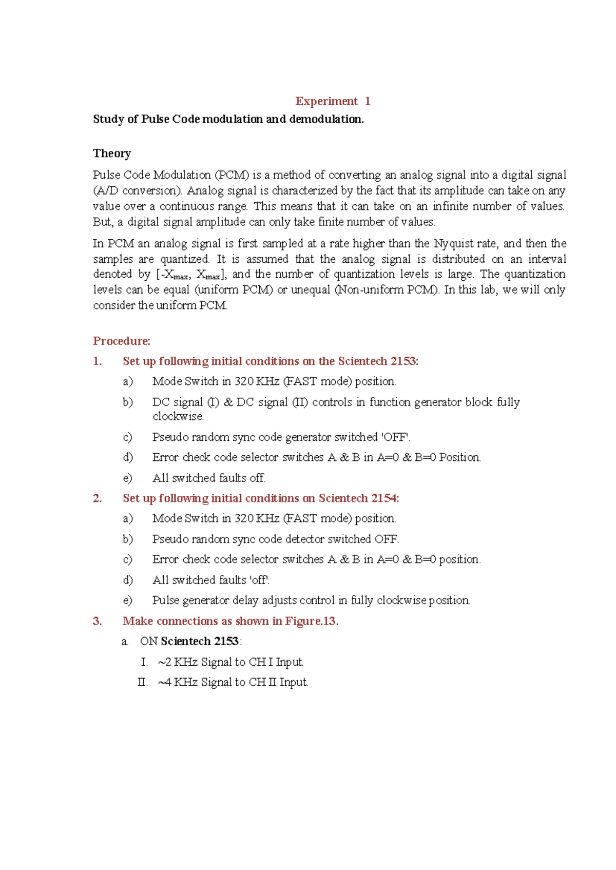 Lab mannual 2 - Dhdhdhhd - Experiment 1 Study of Pulse Code modulation ...
