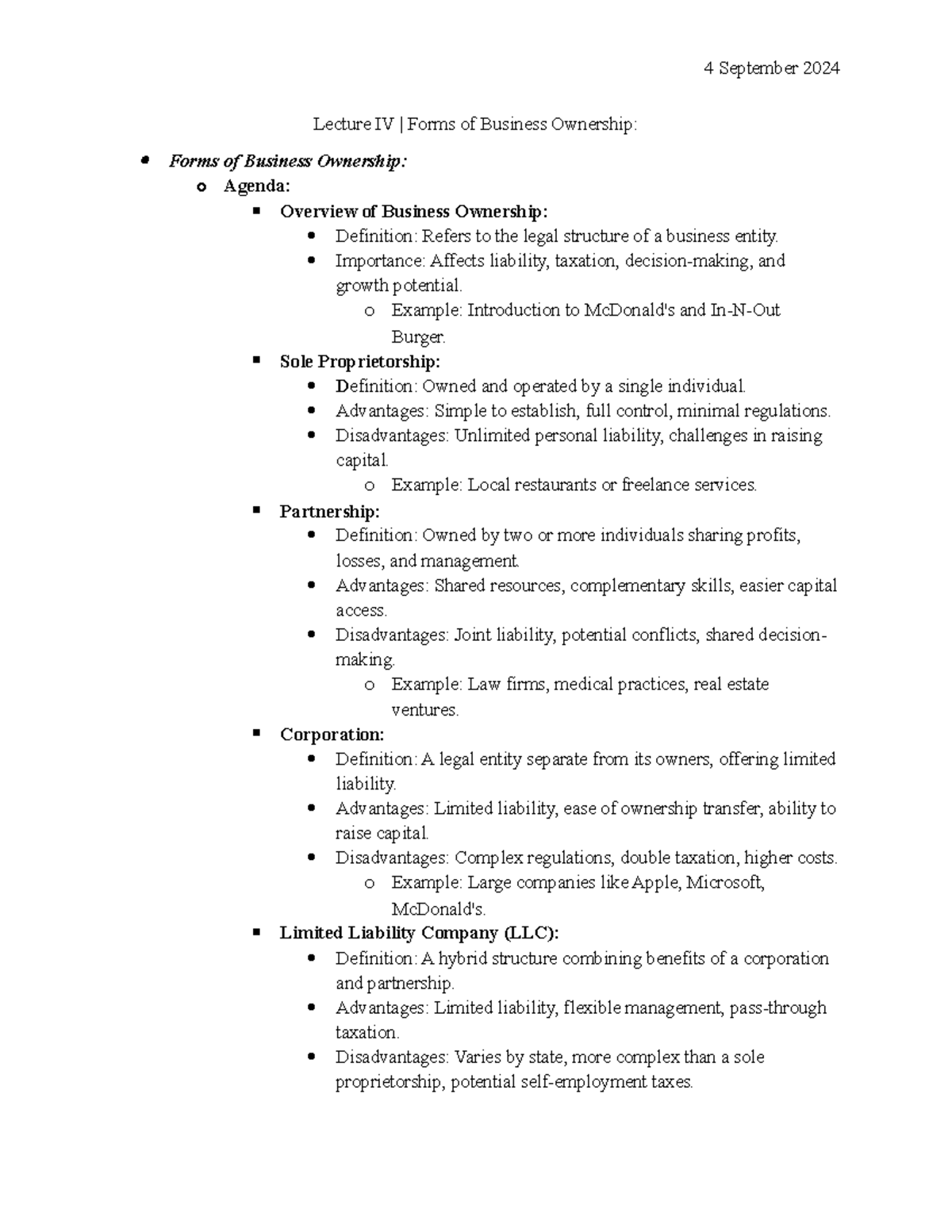 Lecture IV - Forms of Business Ownership - Importance: Affects ...