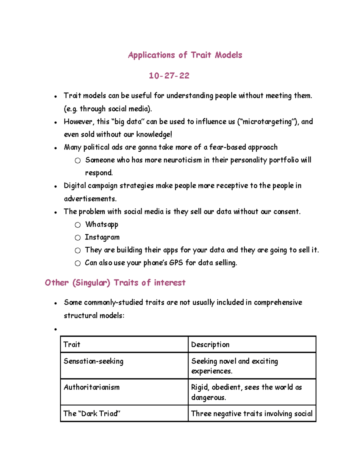 Applications Of Trait Models Applications Of Trait Models 10 27 Trait Models Can Be Useful