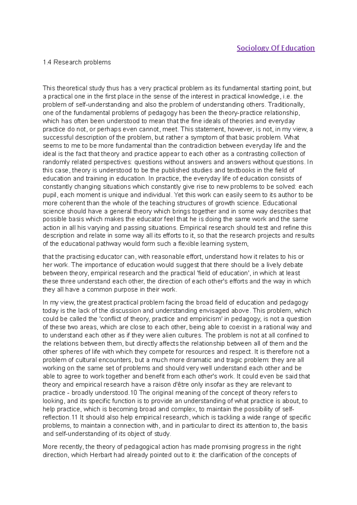 Sociology Of Education Research problems 4 - Sociology Of Education 1 ...