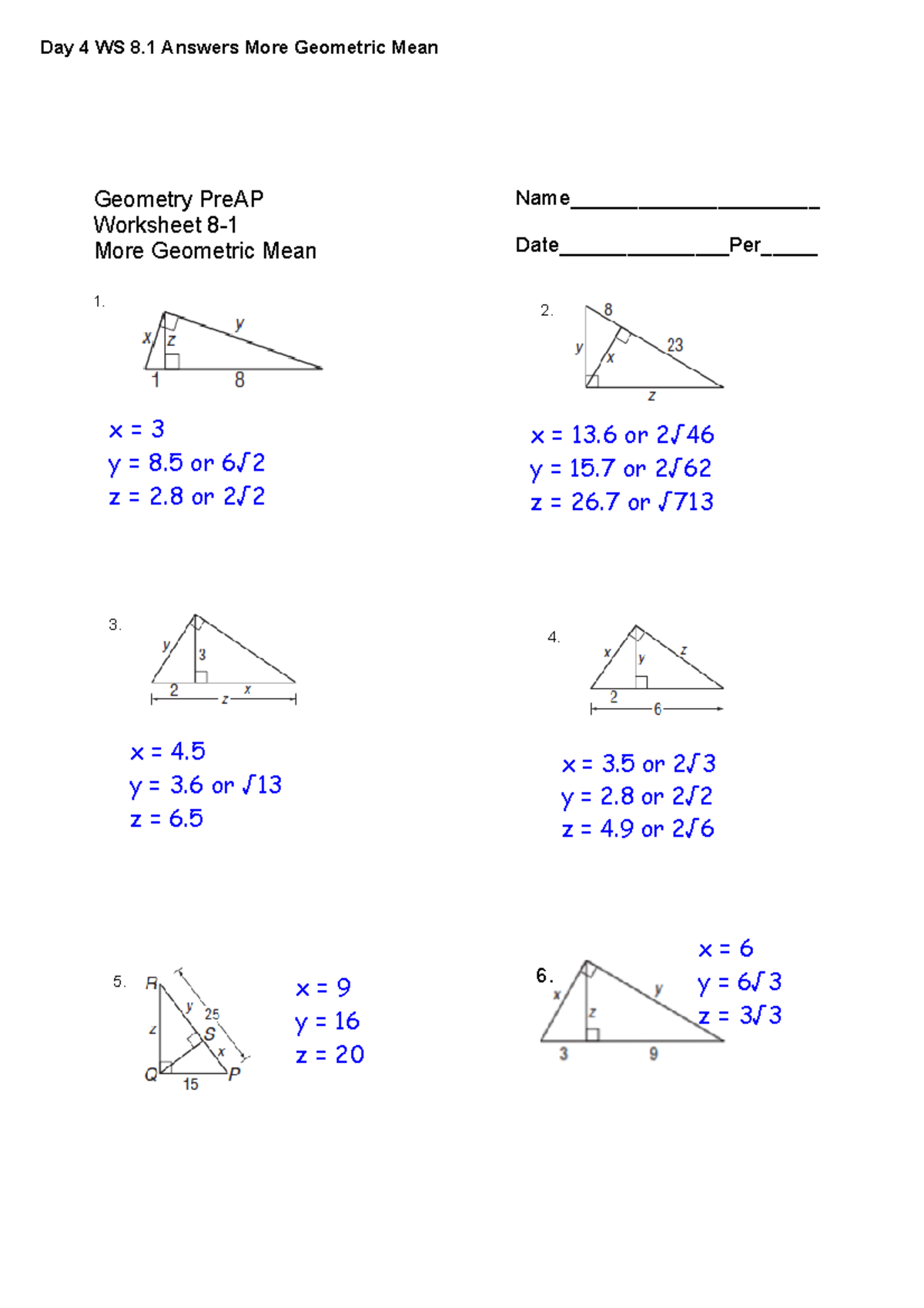 Day 4 WS Answers More Geometric Mean - Day 4 WS 8 Answers More ...
