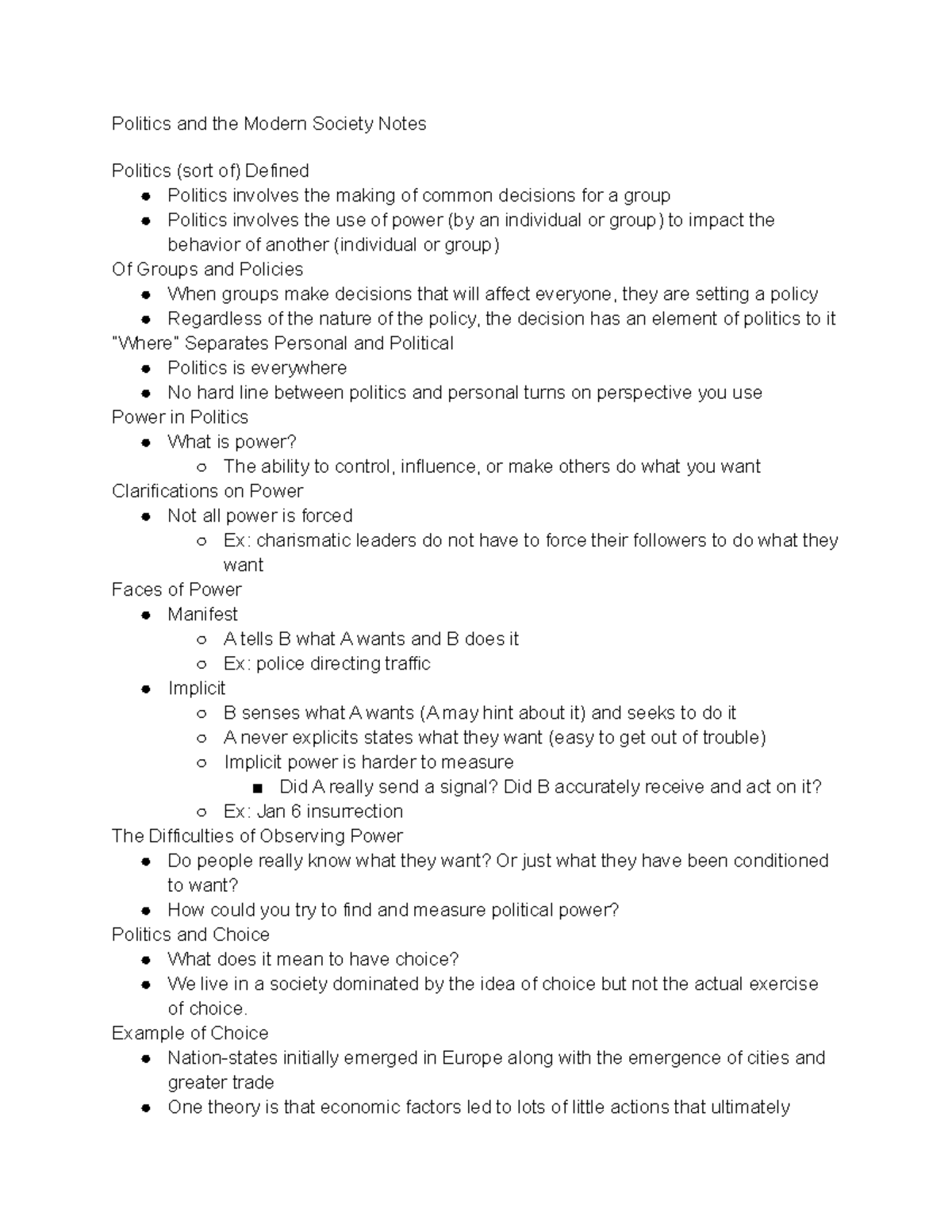 Politics and Power in the Modern Society Notes - Politics and the ...