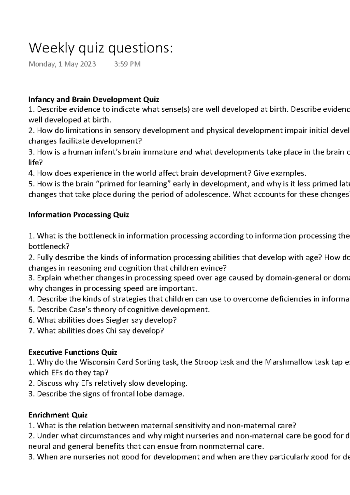 Weekly quiz questions - Infancy and Brain Development Quiz Describe ...