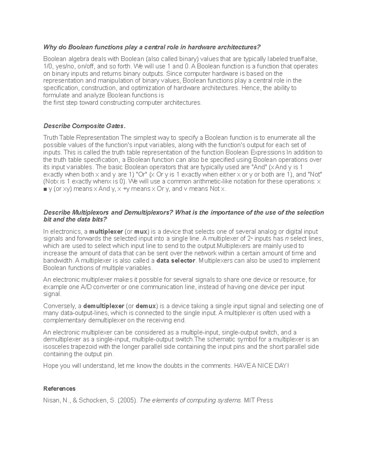 Discussion unit 1 - Why do Boolean functions play a central role in hardware architectures ...