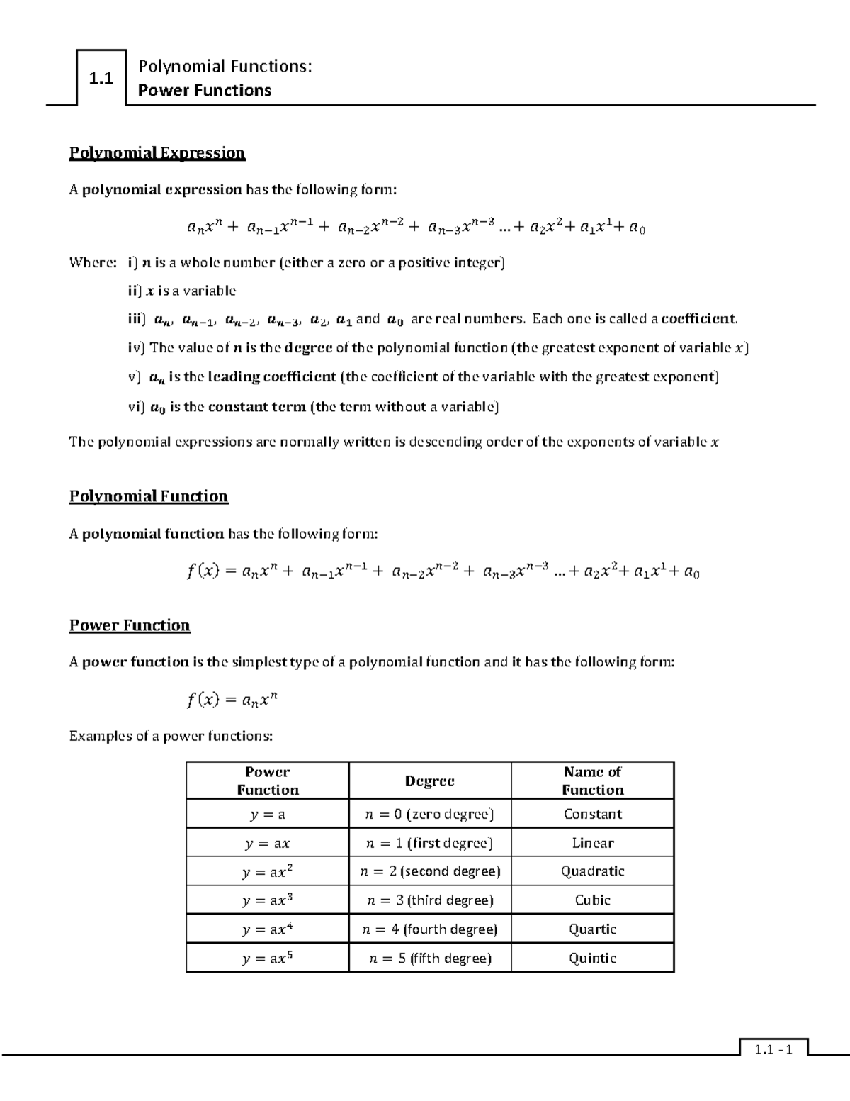1.1a Power Functions - good notes - 1. 1 Power Functions Polynomial ...