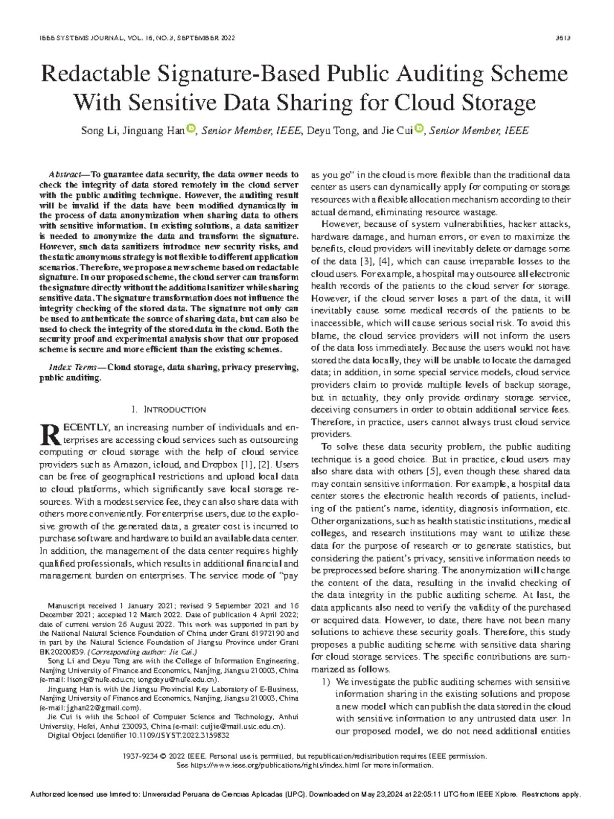 Redactable Signature-Based Public Auditing Scheme With Sensitive Data Sharing for Cloud Storage ...