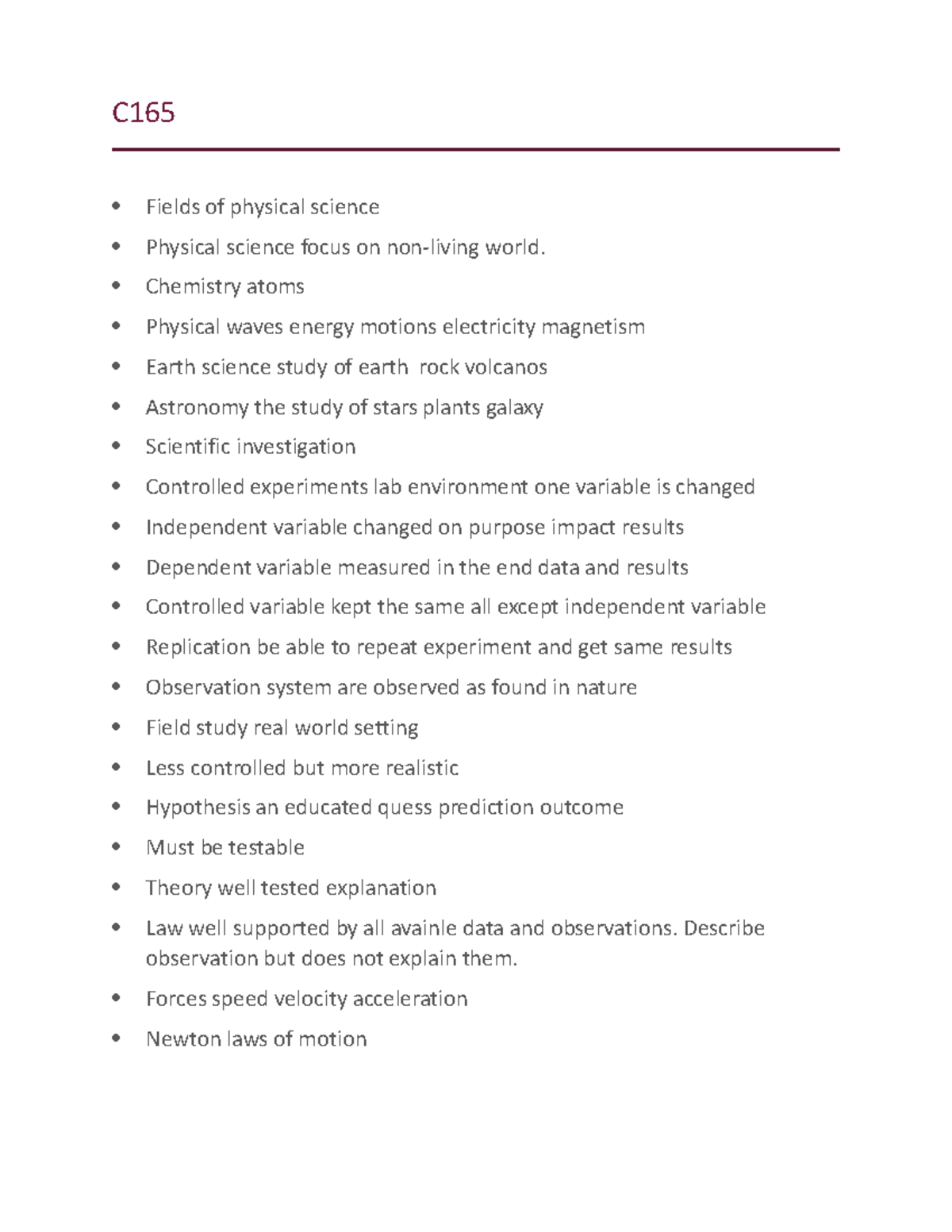 C165 - Study Guide - C Fields of physical science Physical science ...