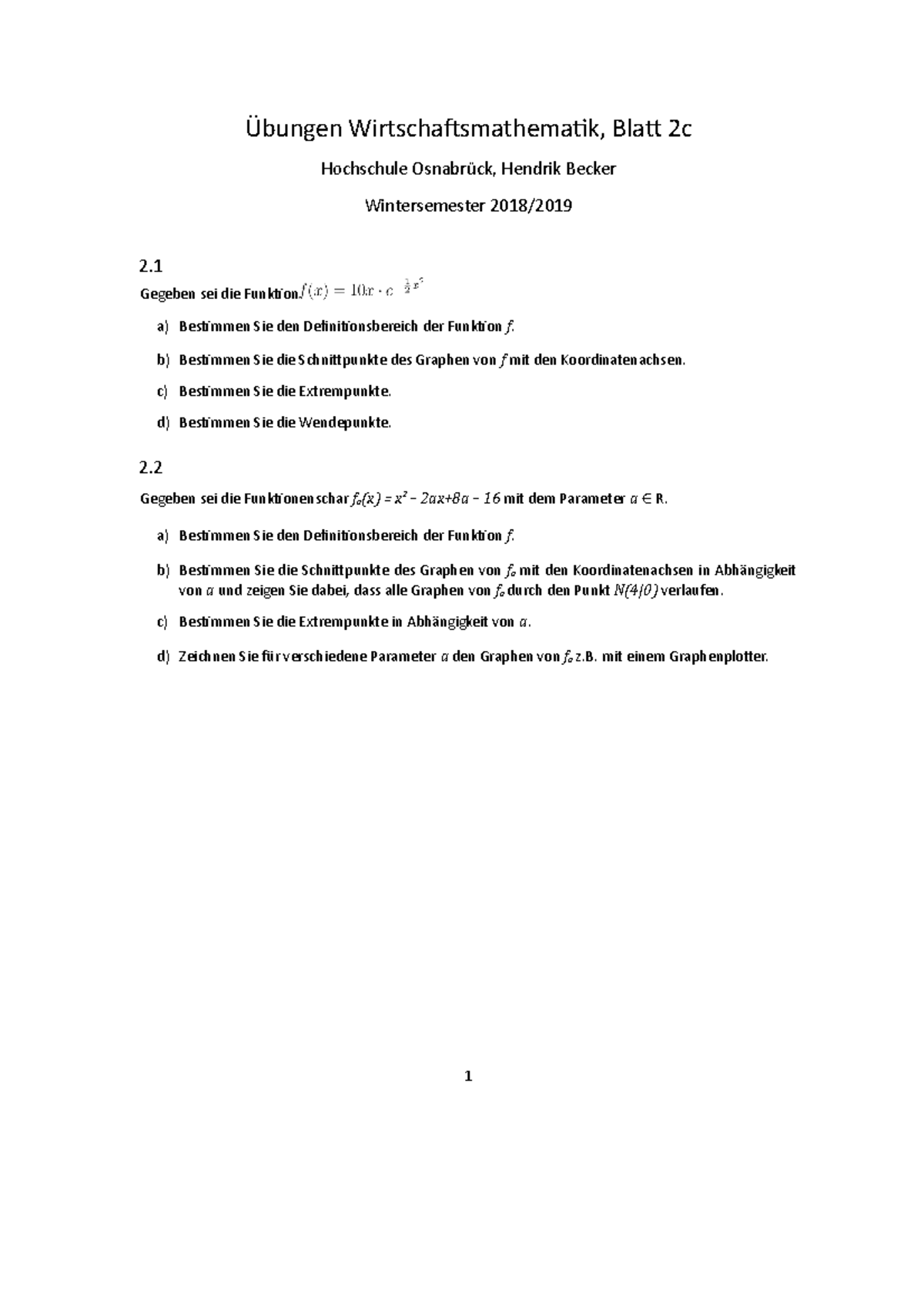 Aufgaben Mathe Blatt 2c - Übungen Wirtschaftsmathematik, Blatt 2c ...