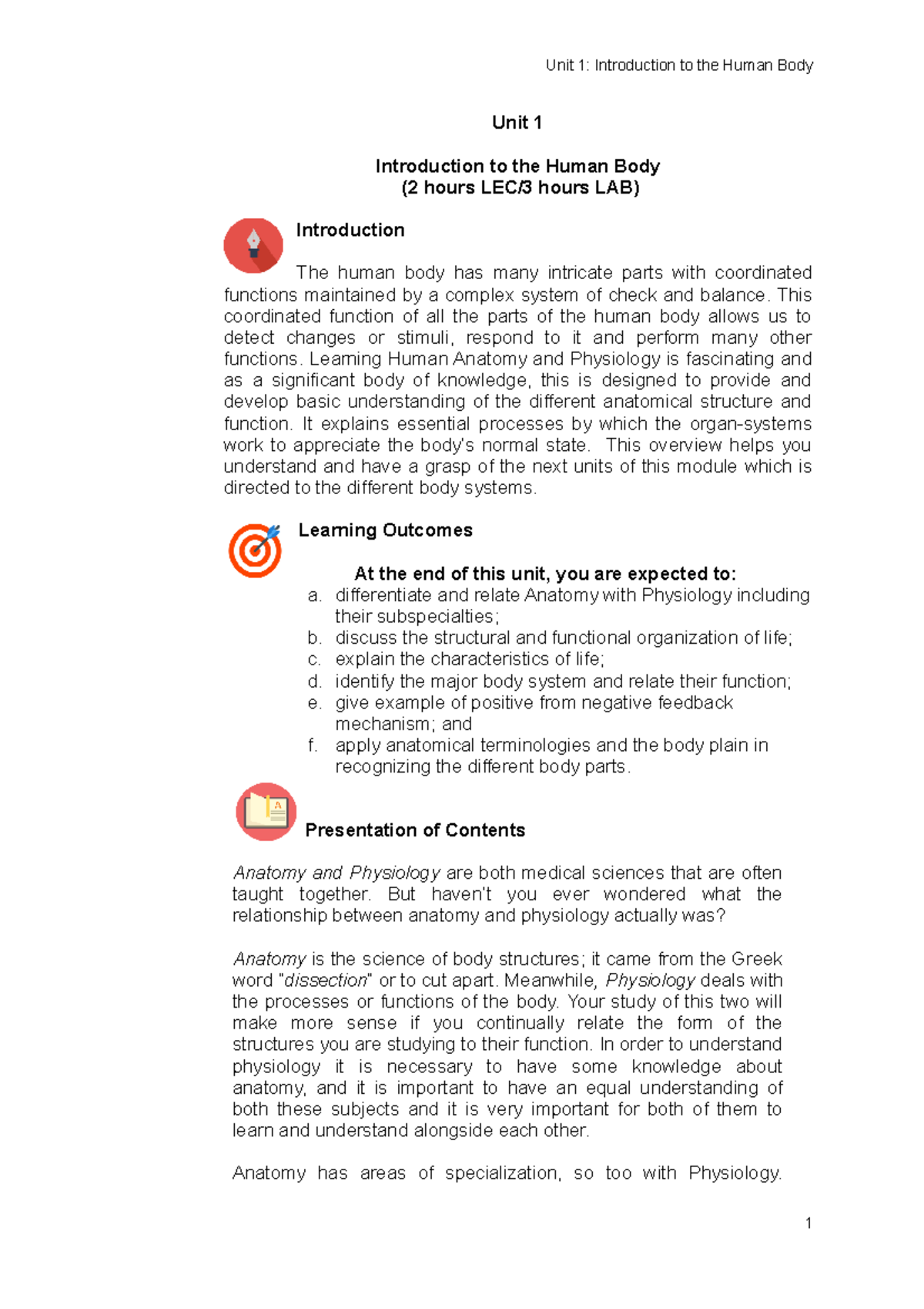 Unit 1 - Anatomy - Unit 1 Introduction to the Human Body (2 hours LEC/3 ...