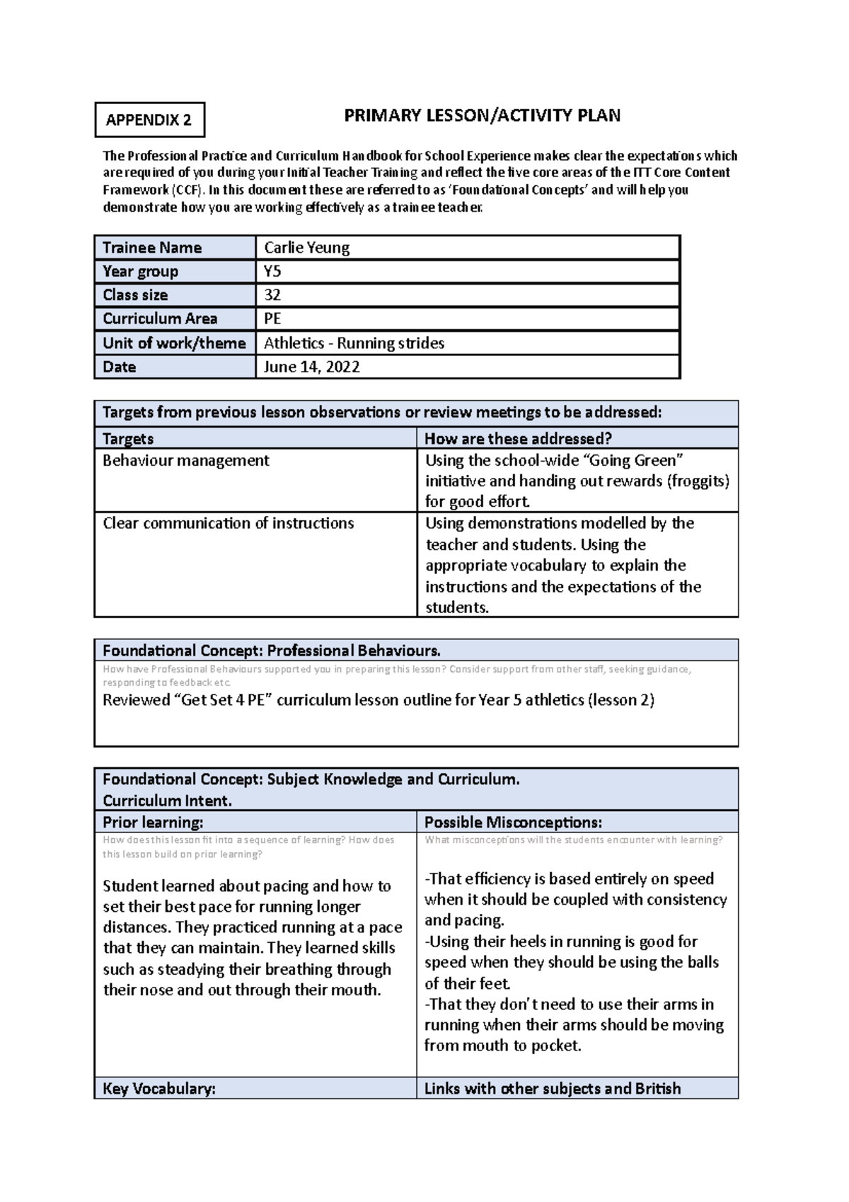 PE June 14 lesson - Running strides - PRIMARY LESSON/ACTIVITY PLAN The ...