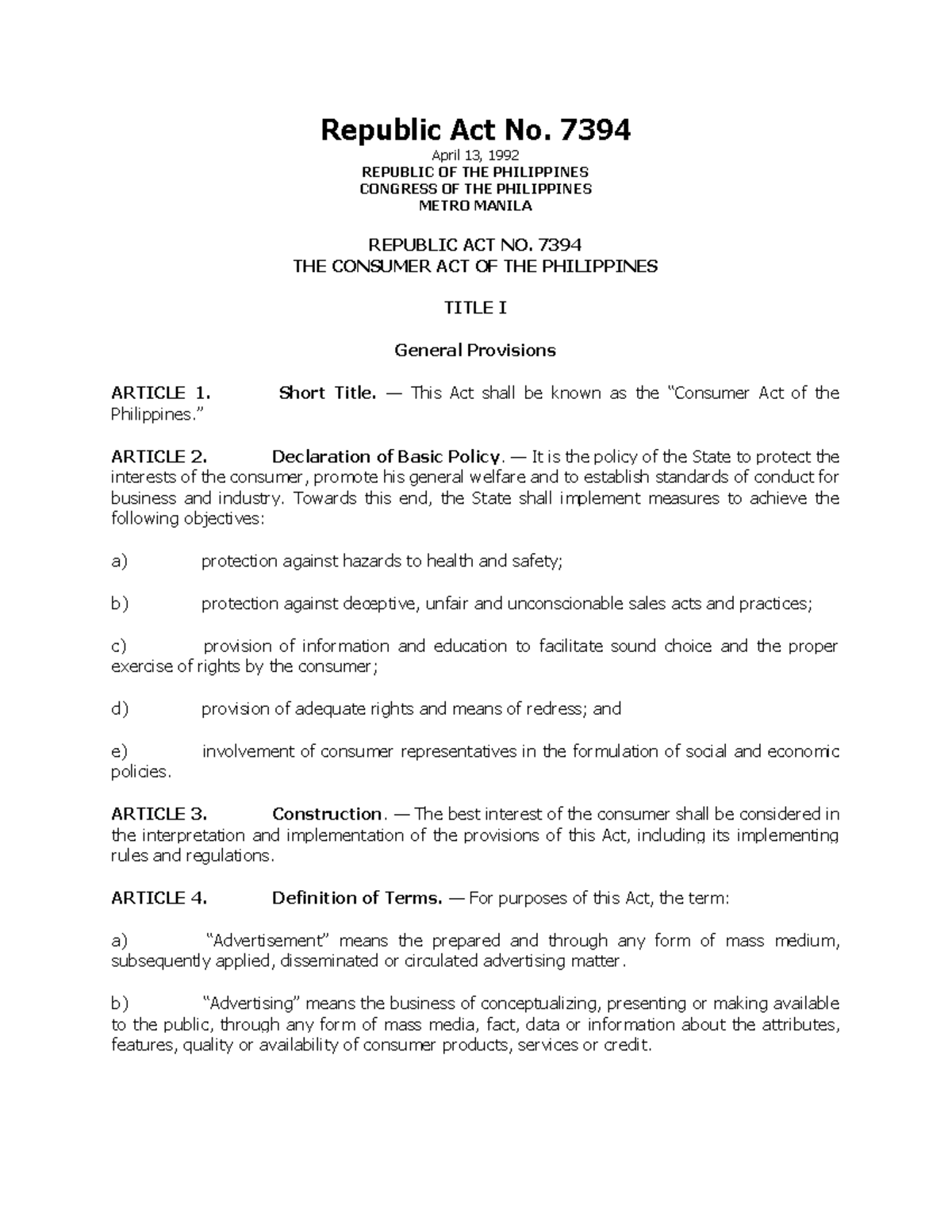 RA 7394 Consumer Act Of The Philippines Republic Act No 7394 April