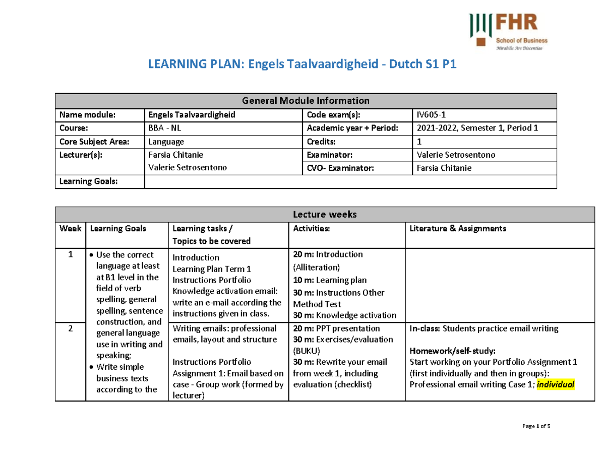 Final Learning Plan Engels Taalvaardigheid Year 1 2021-2022 - LEARNING ...