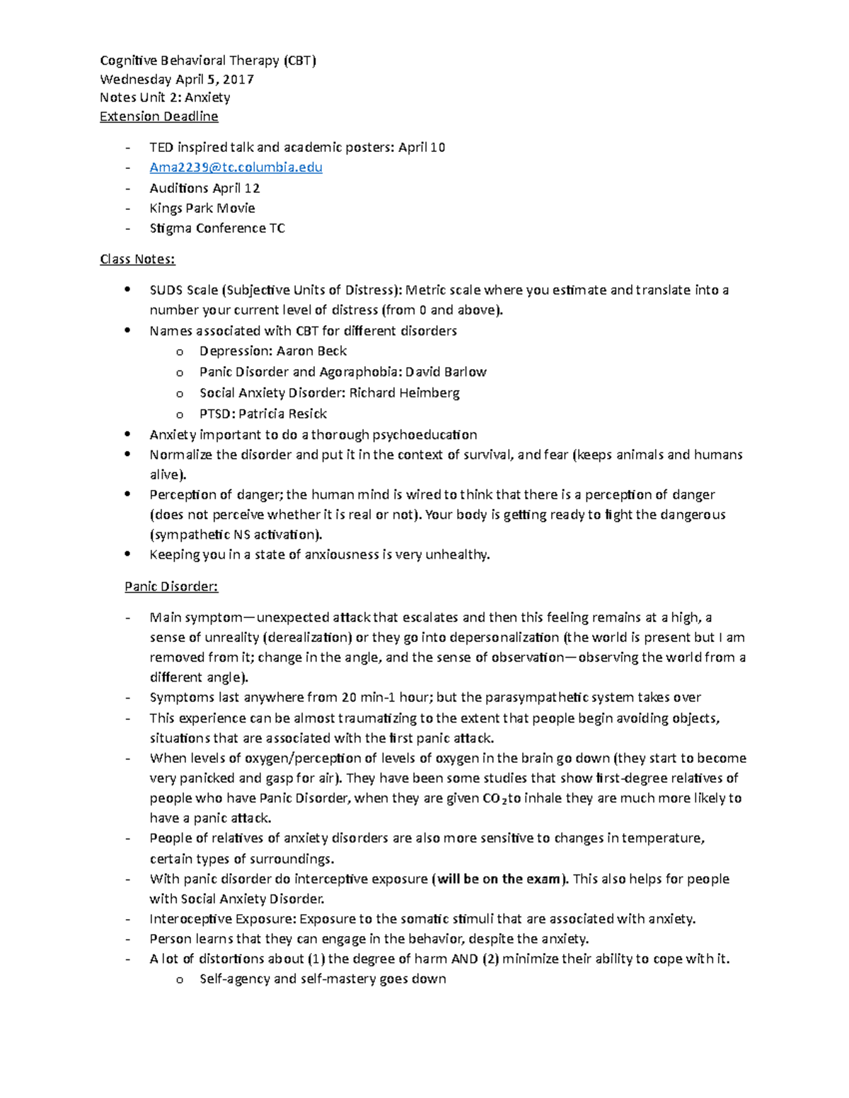 Notes April 5 - Cognitive Behavioral Therapy (CBT) Wednesday April 5 ...