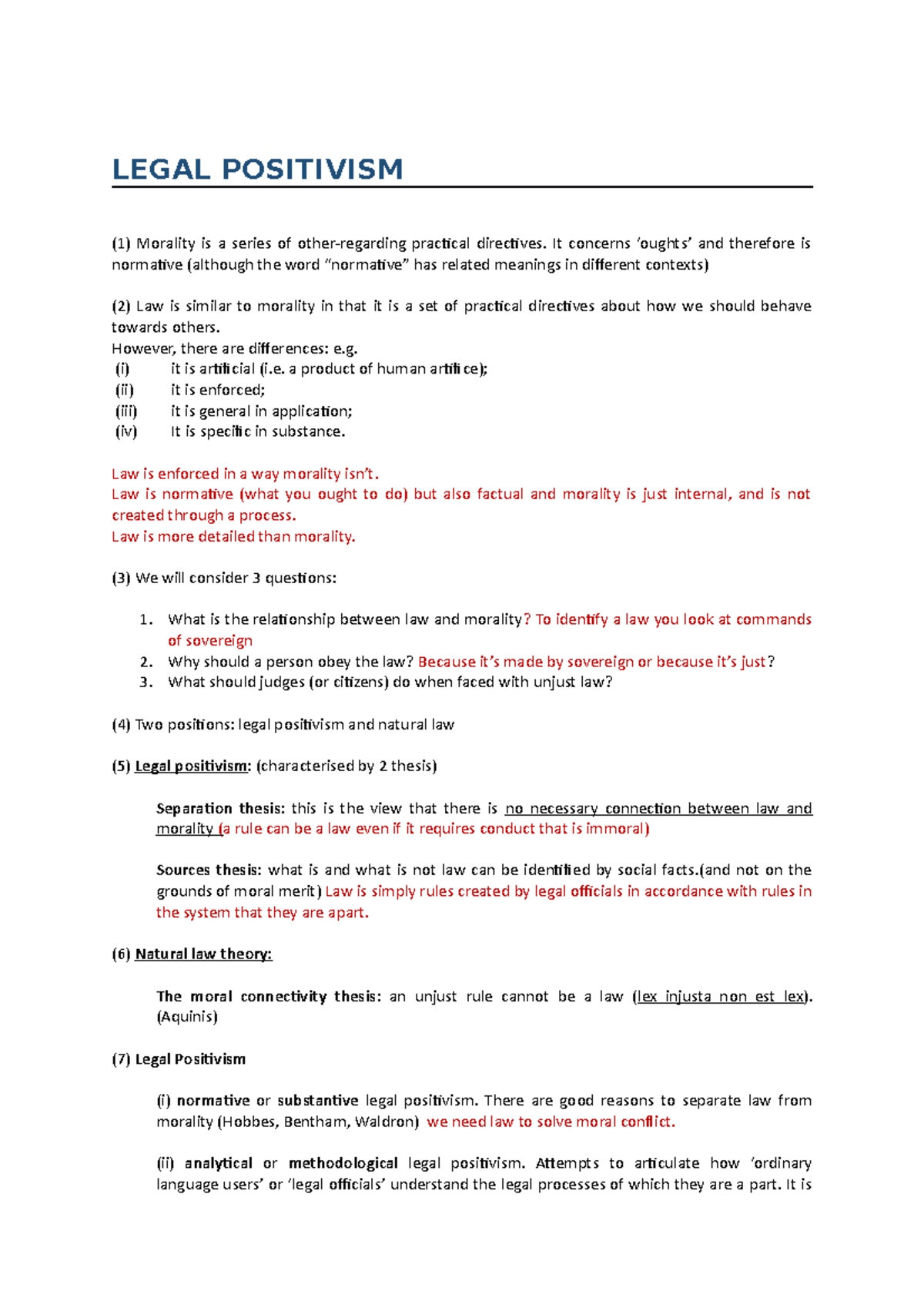 Legal Positivism (Condensed Notes) - LEGAL POSITIVISM (1) Morality is a ...