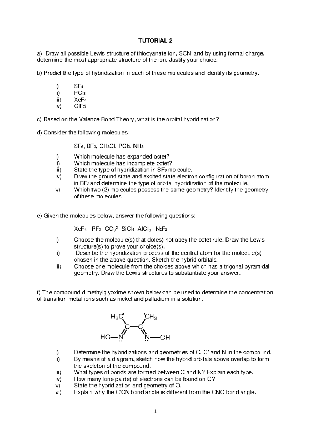 Tutorial - Chapter 2 - TUTO - 1 TUTORIAL 2 a) Draw all possible Lewis structure of thiocyanate ...