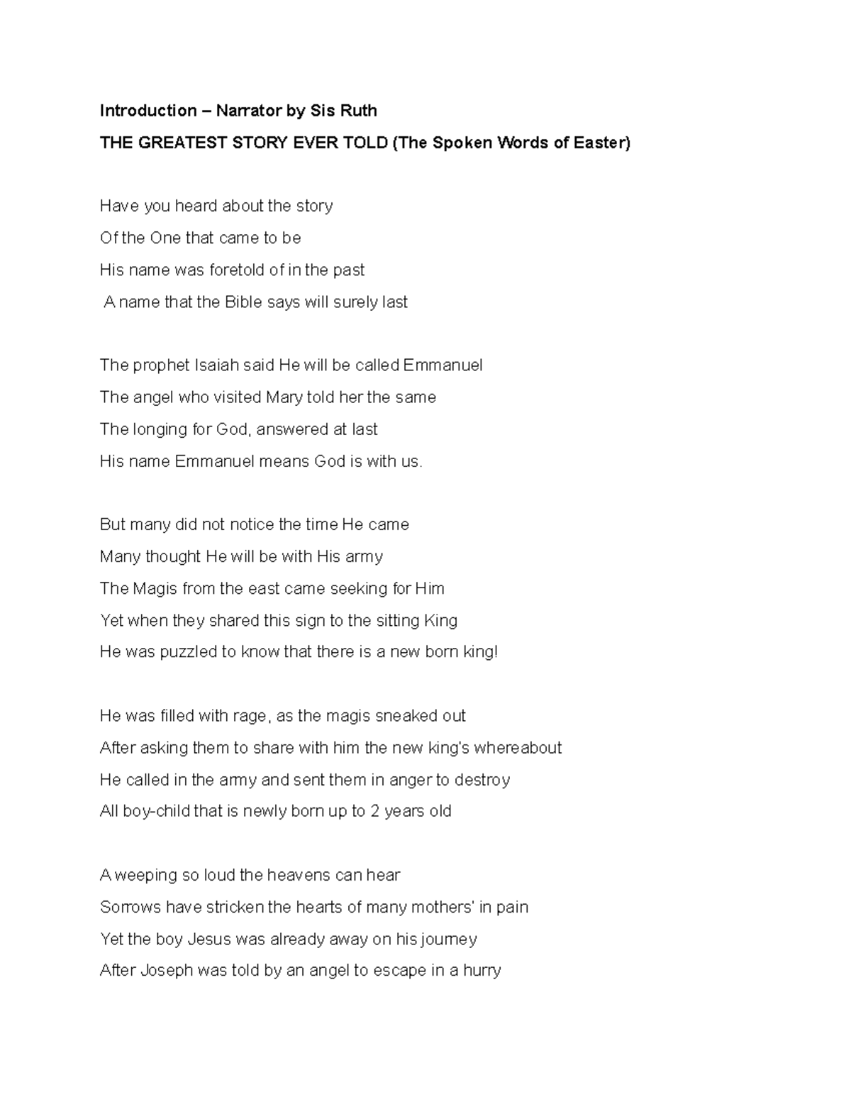 Spoken Words of Easter - Introduction – Narrator by Sis Ruth THE ...