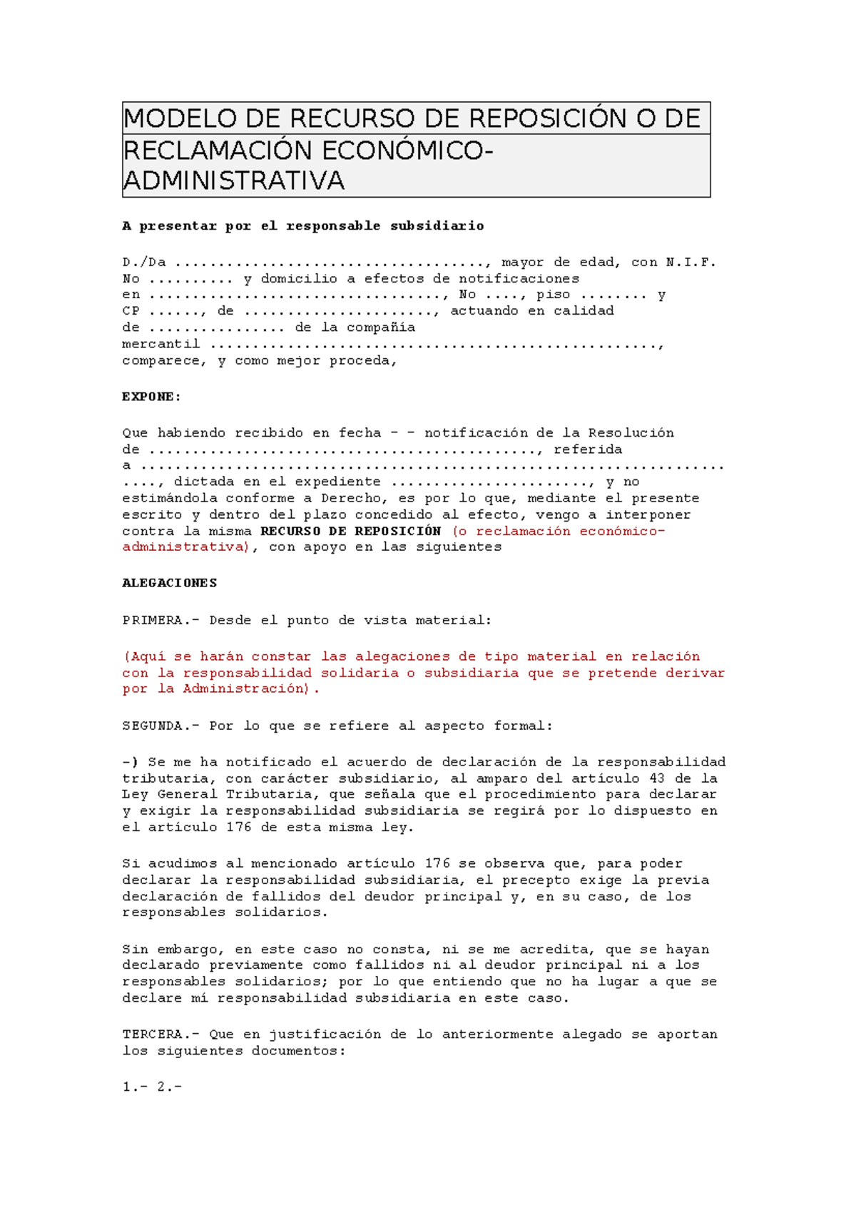 Modelo-recurso-reposicion-reclamacion administrativa - MODELO DE ...