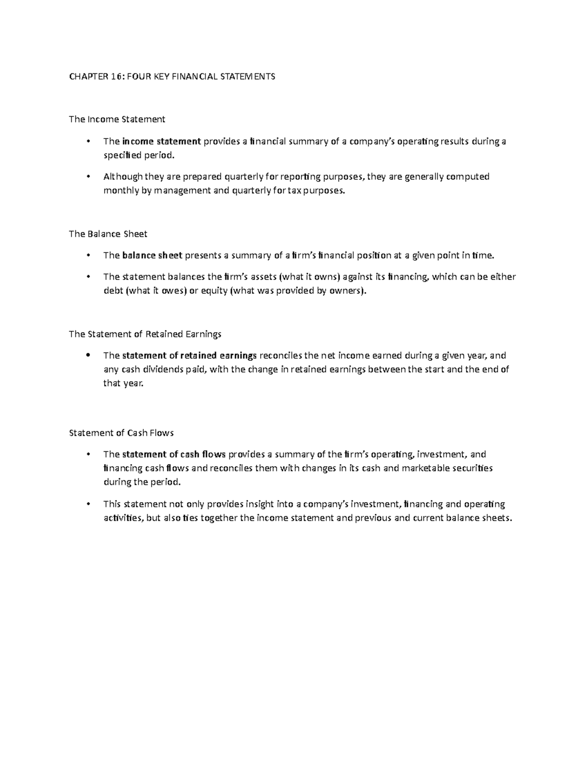 C16 4 KEY FS - FINANCIAL STATEMENTS - Notes - CHAPTER 16: FOUR KEY ...