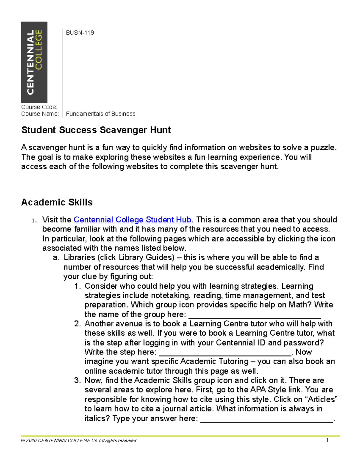 BUSN119 - Week 1 - Scavenger Hunt Academic Success - Course Code: BUSN ...