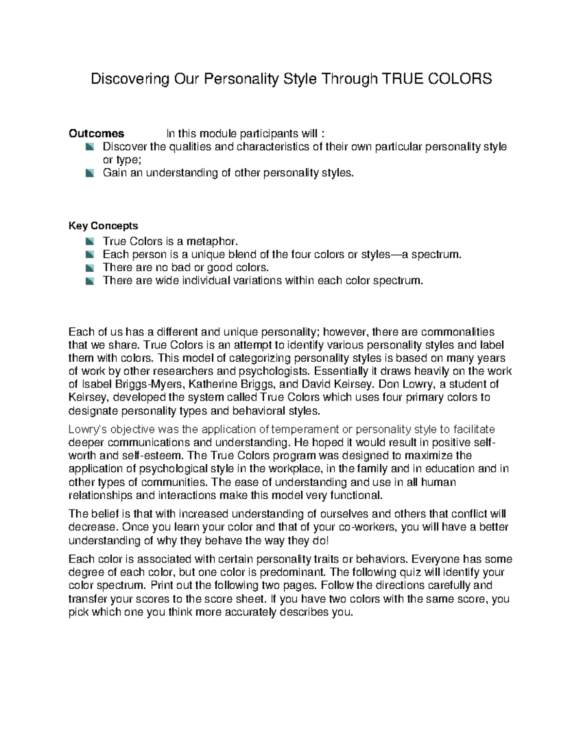 True Colors Assessment - Discovering Our Personality Style Through TRUE ...