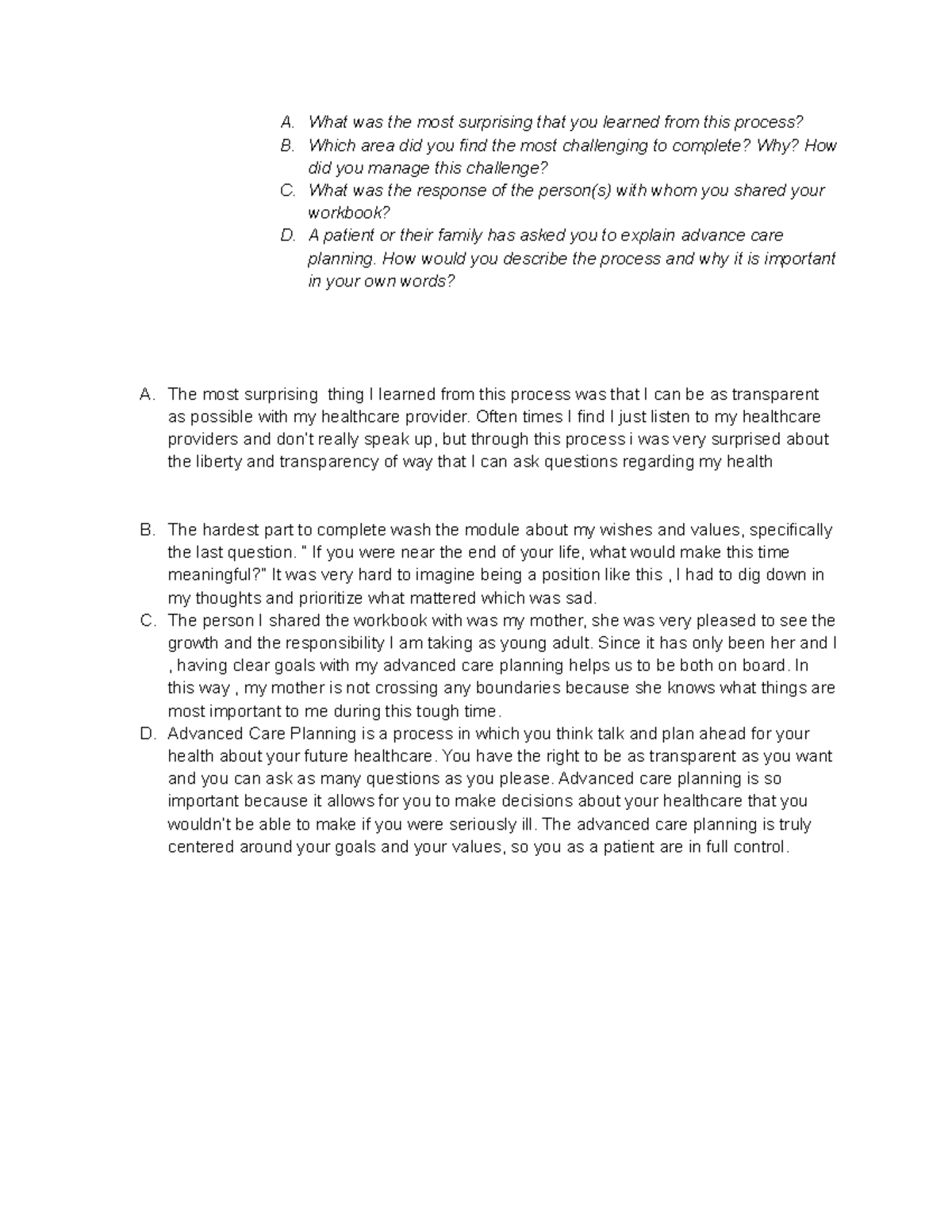 Advanced Care Planning Reflection - A. What was the most surprising ...