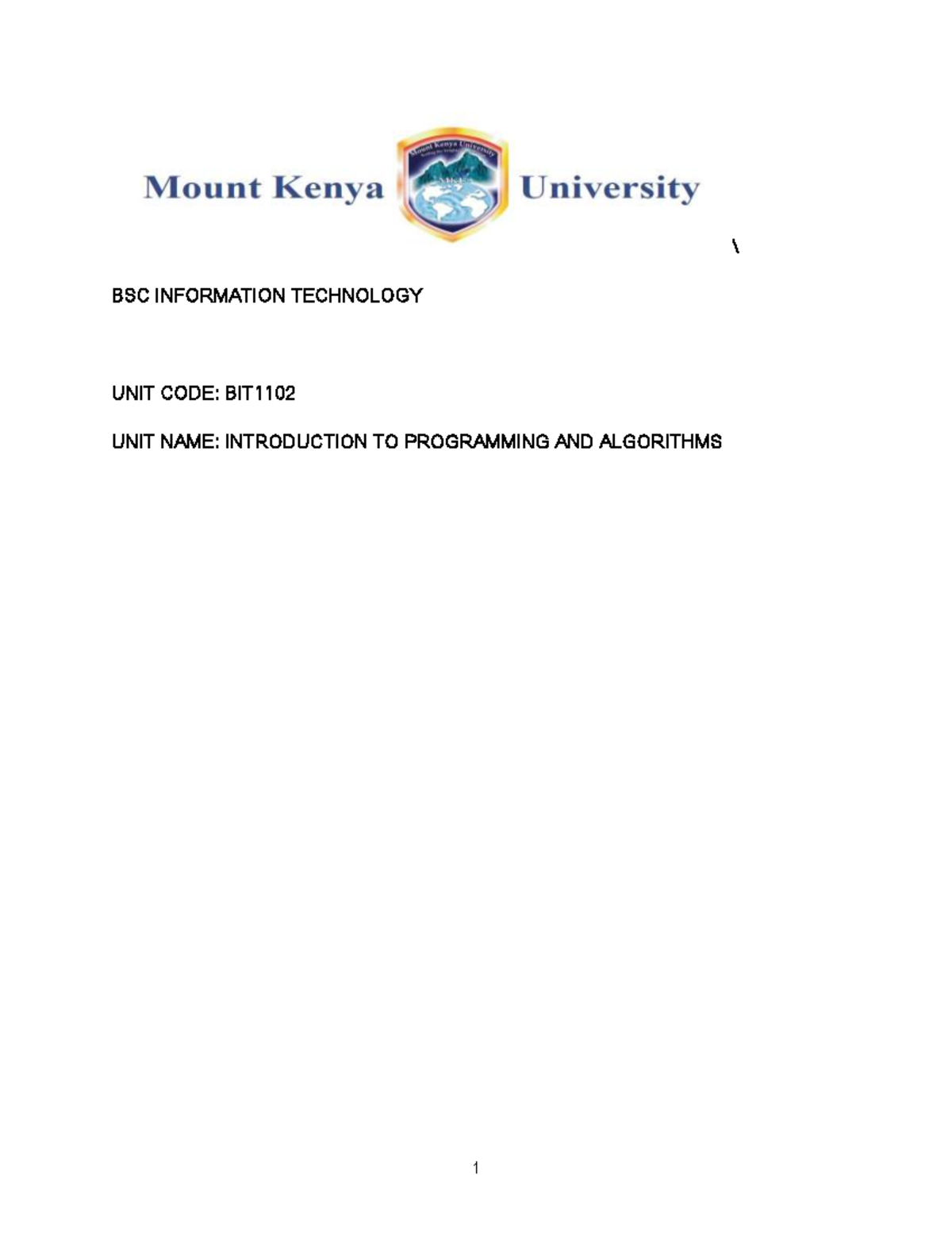 Bit1102 Introduction To Programming And Algorithms Bsc Information Technology Unit Code Bit