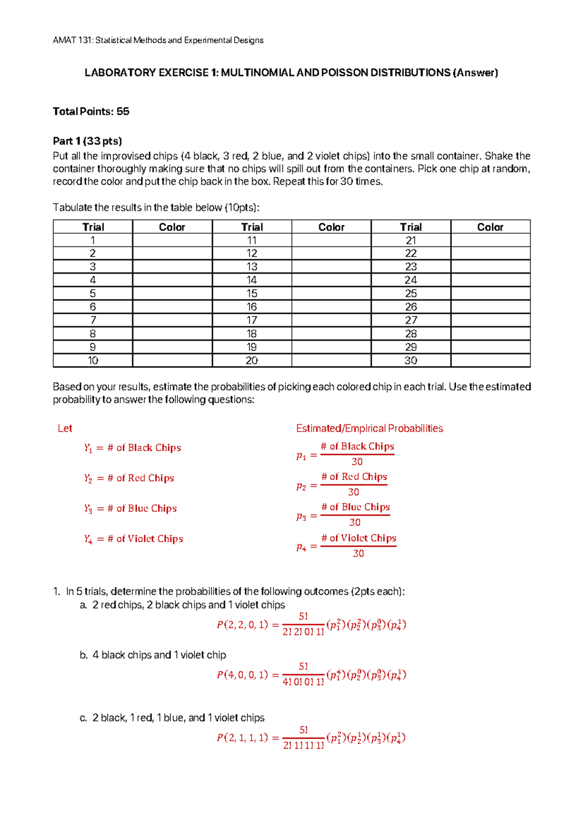AMAT 131 Lab Exer 1 Multinomial AND Poisson Distributions (Answer ...