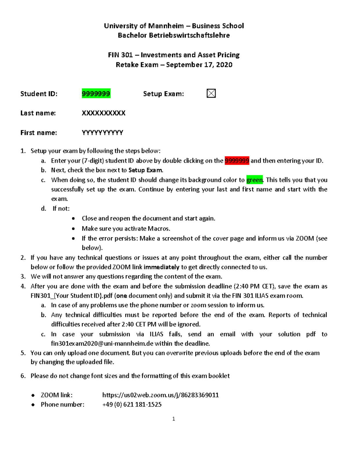 2020 Retake - Altklausur - University of Mannheim – Business School ...