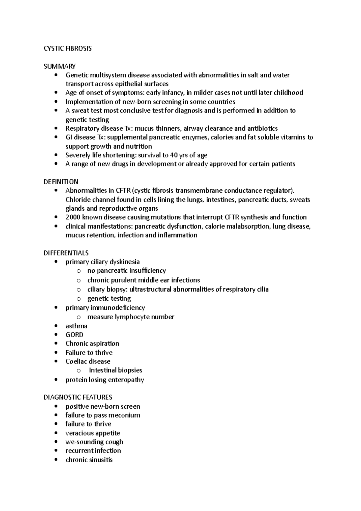 Cystic Fibrosis - CYSTIC FIBROSIS SUMMARY Geneic mulisystem disease ...