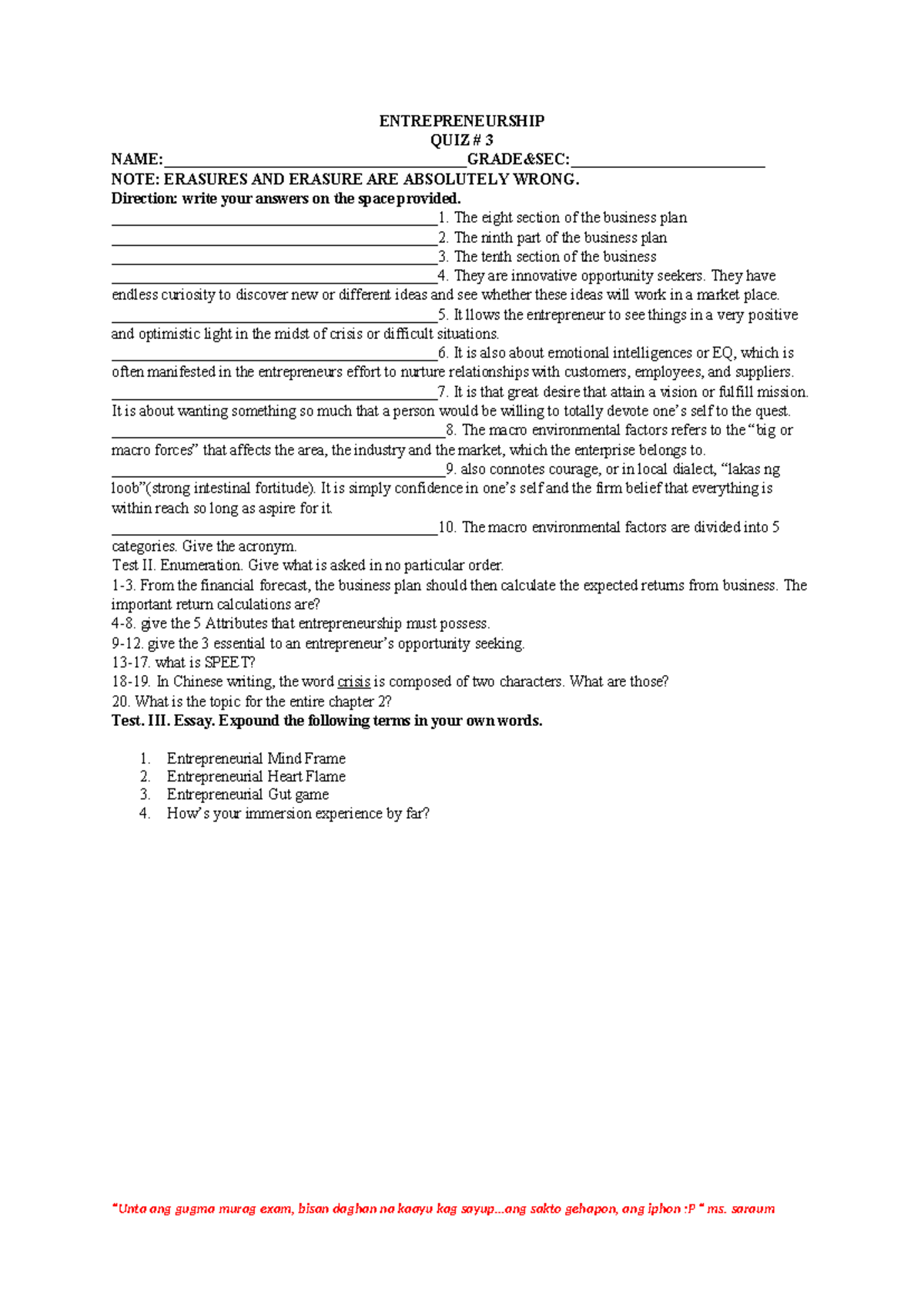 Entrep q3 - ENTREPRENEURSHIP QUIZ # 3 NAME:______________GRADE&SEC ...