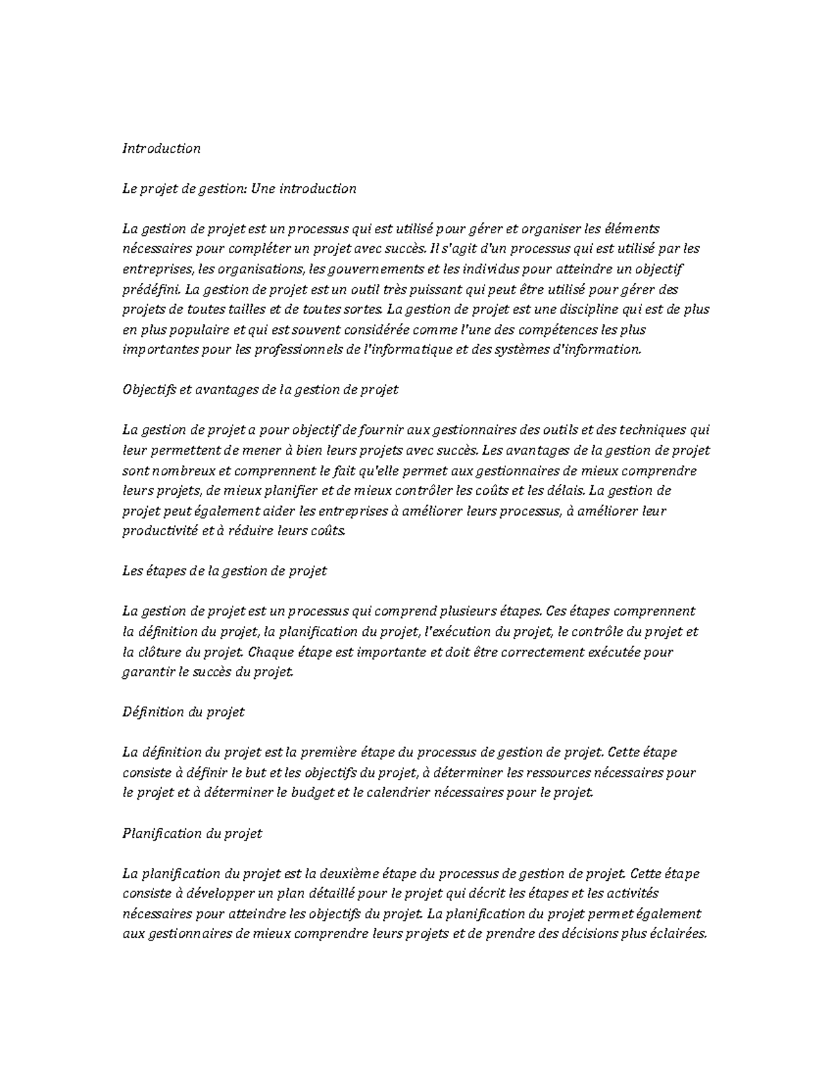 Project Management note study - Introduction Le projet de gestion: Une ...