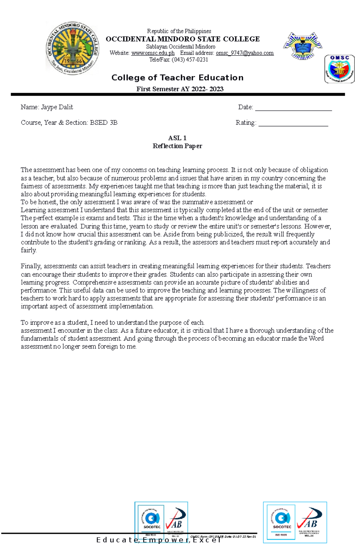 ASL Reflection- Paper - Class notes that help you to learn - Republic ...