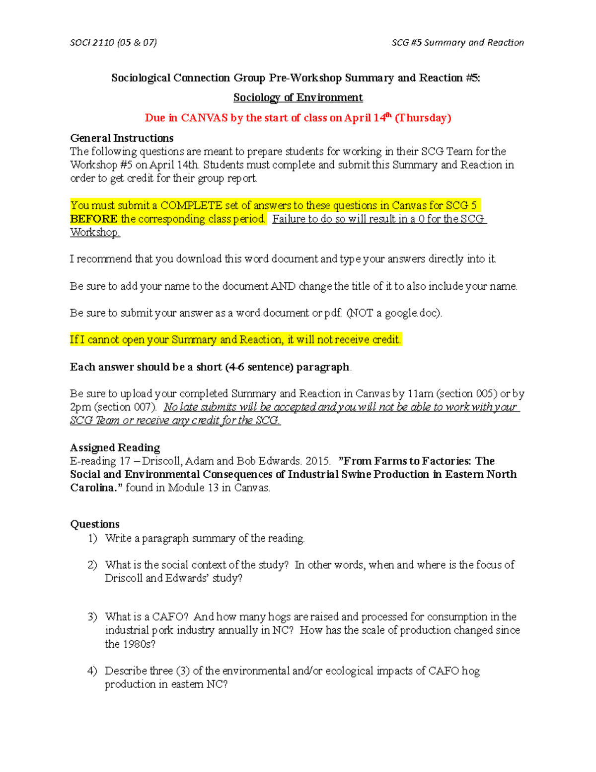 SCG 5 - Summary and Reaction - SOCI 2110 (05 & 07) SCG #5 Summary and ...