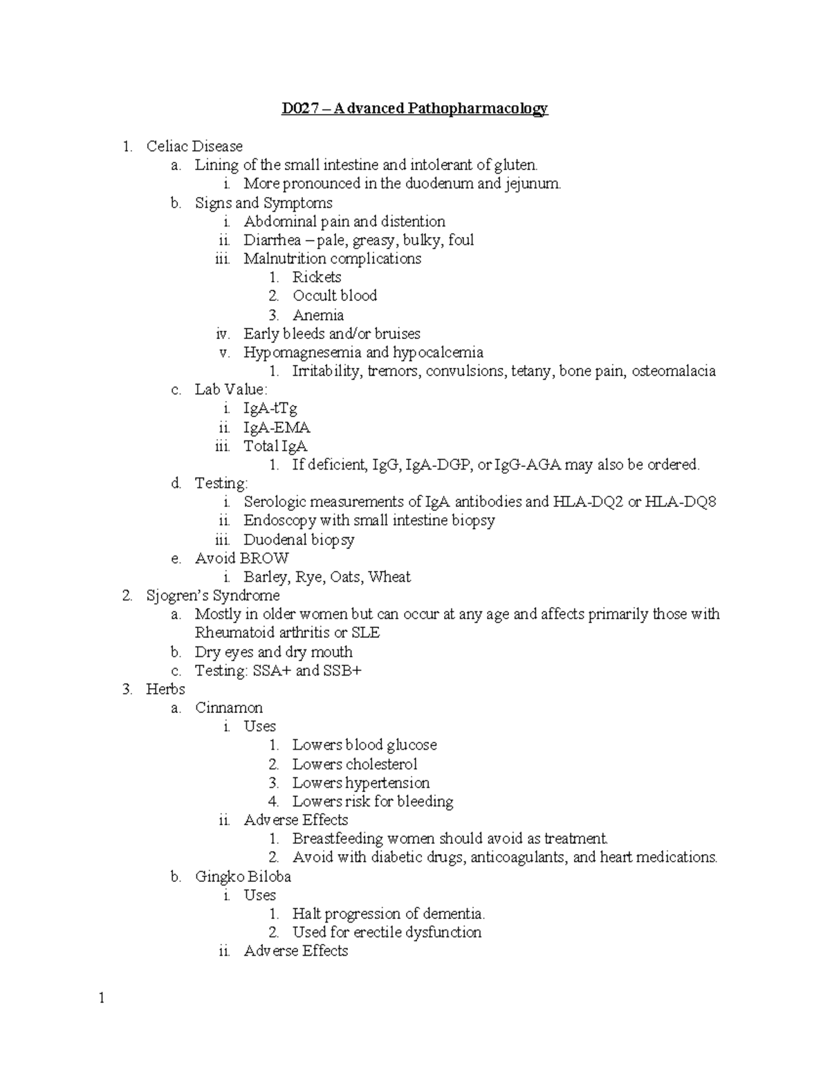 D027 Study Guide - notes - D027 – Advanced Pathopharmacology Celiac ...
