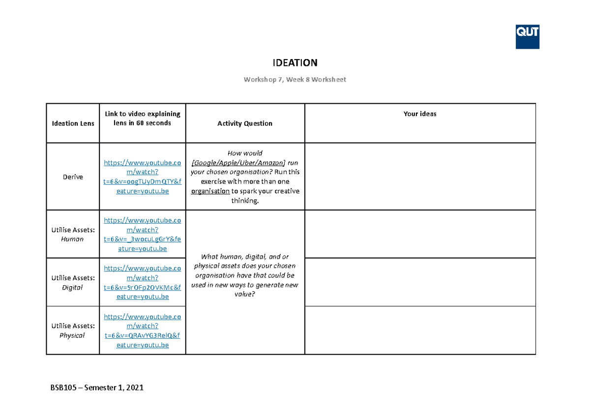 Ideation W7W8 worksheet - IDEATION Workshop 7, Week 8 Worksheet ...