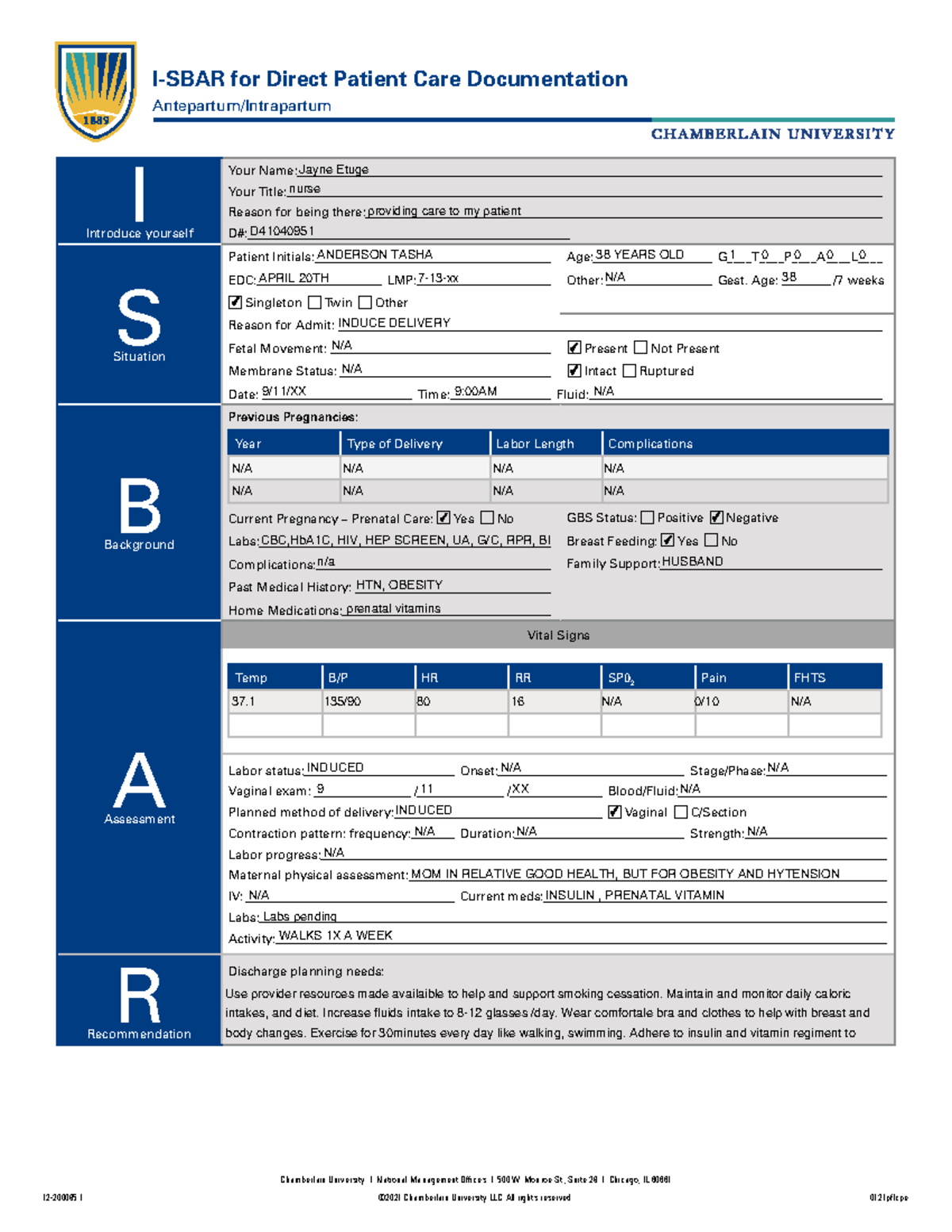 SBAR Gestational Diabetes - 12-200085 ©2021 Chamberlain University LLC ...