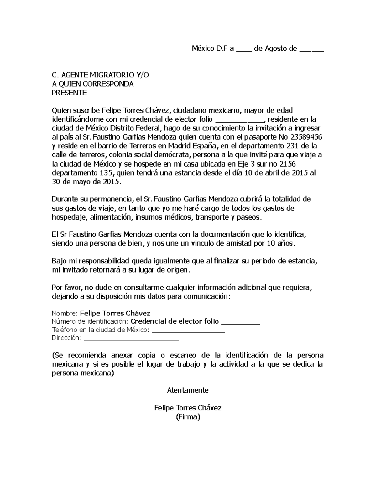 Carta Invitacion Mexicano A Extranjero - México D a ____ de Agosto de ...
