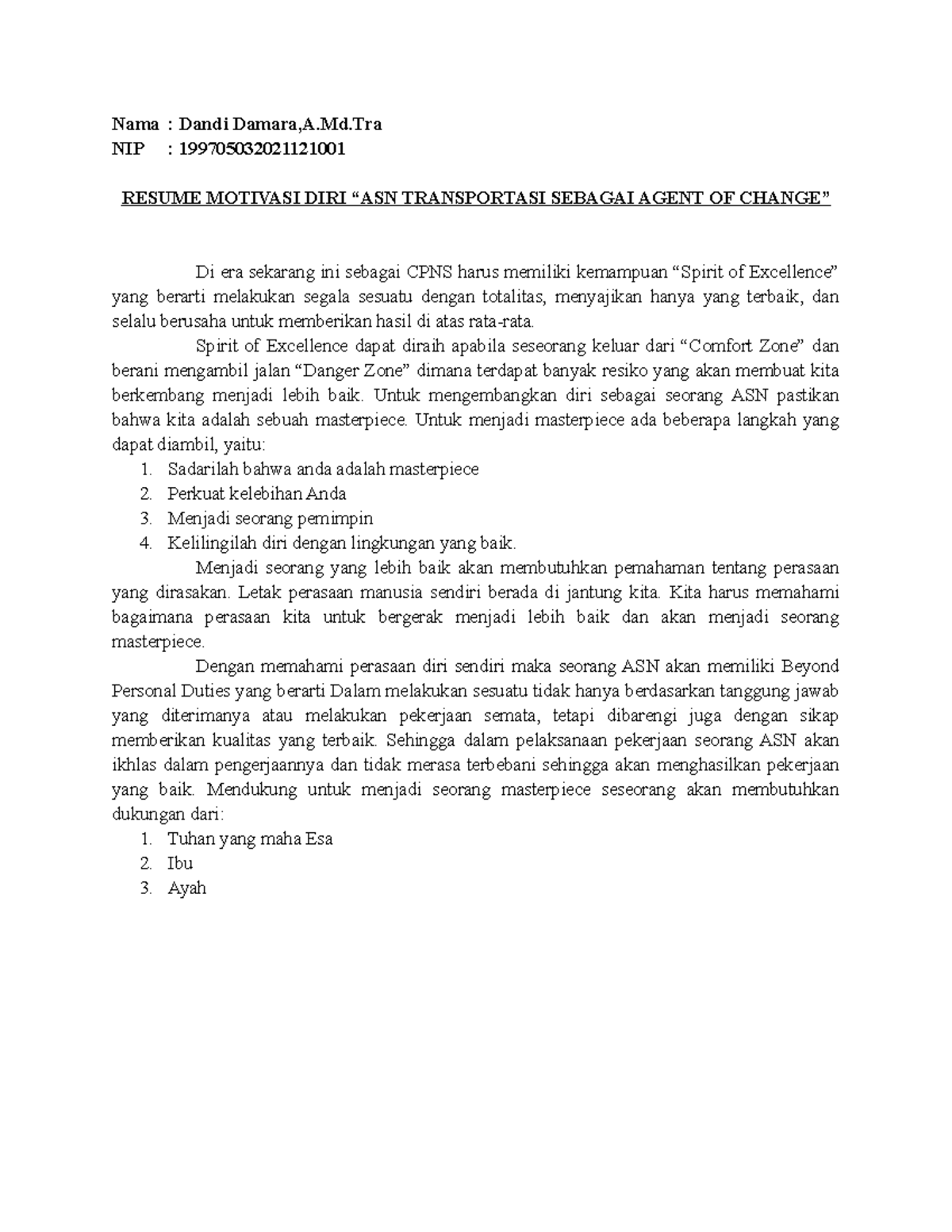 Motivasi DIRI “ASN Transportasi Sebagai Agent OF Change Dandi Damara ...