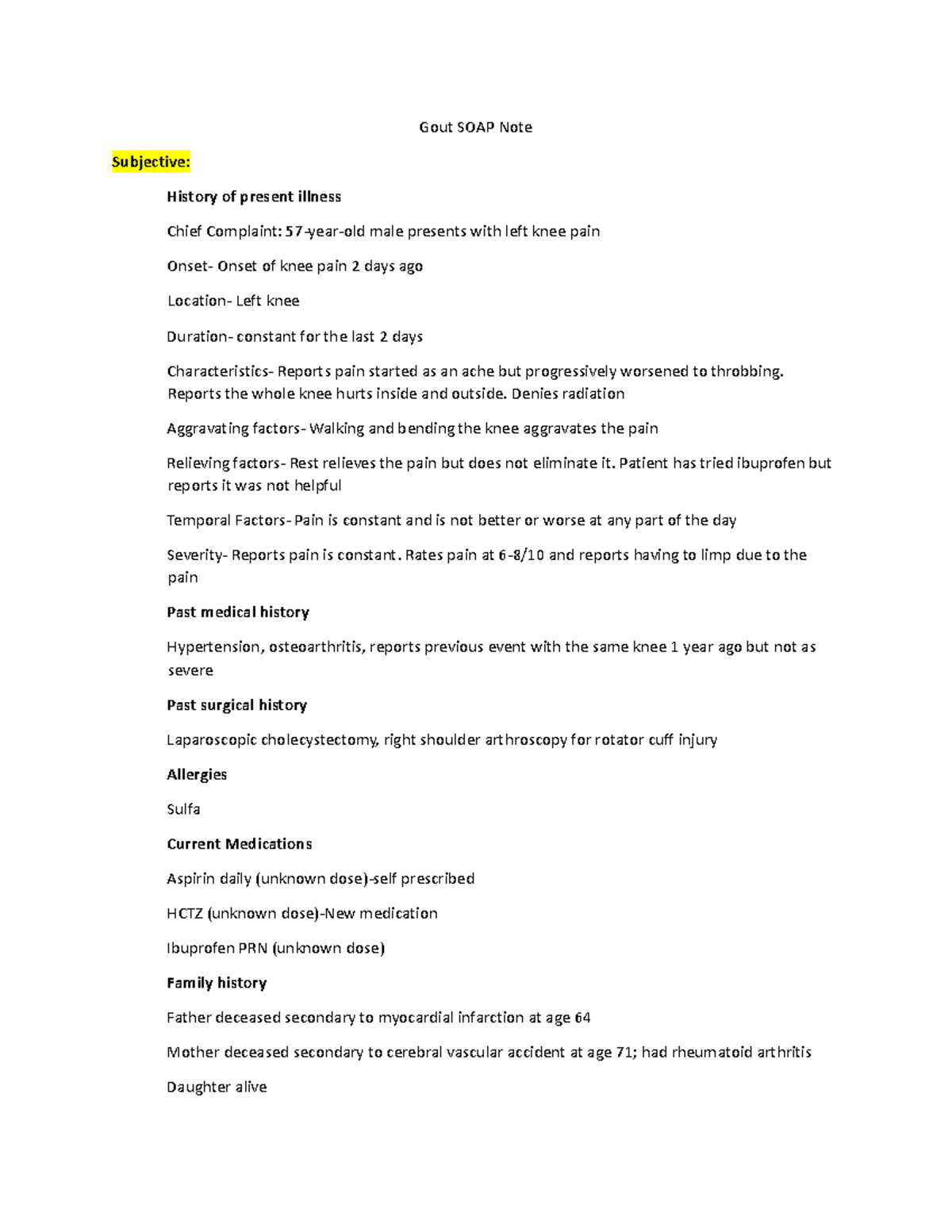 Gout soap example - Gout SOAP Note Subjective: History of present ...