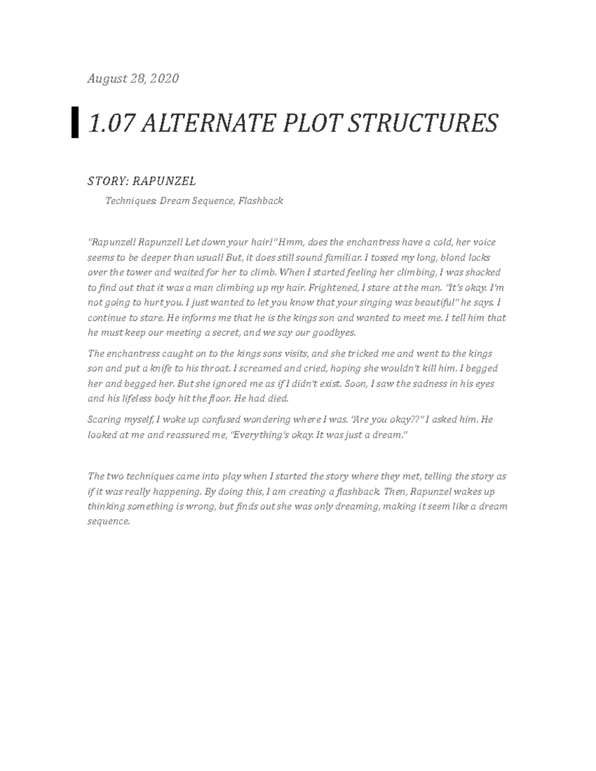 Document - nuzzles - August 28, 2020 1 ALTERNATE PLOT STRUCTURES STORY: RAPUNZEL Techniques ...
