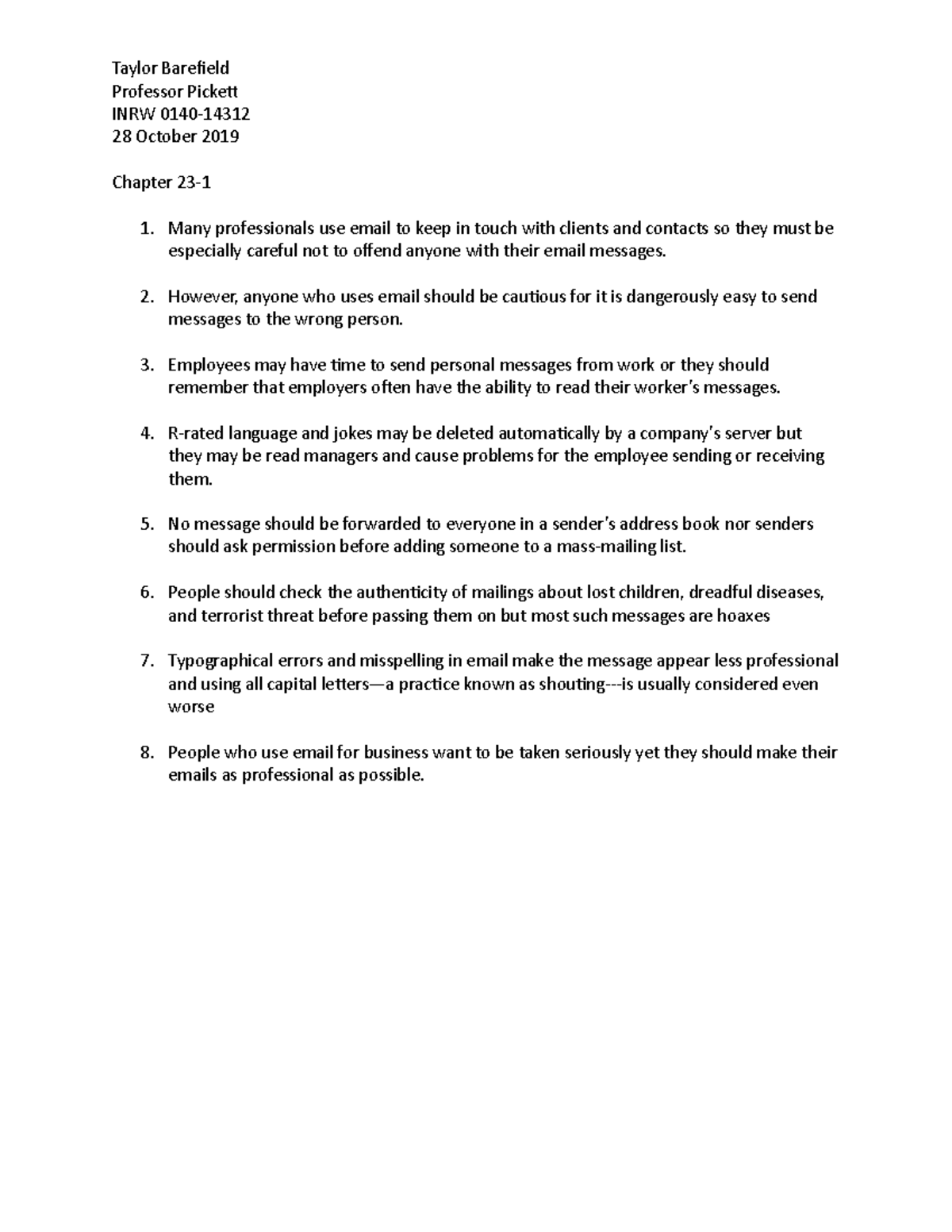 Chapter 23-1 - Tina - Taylor Barefield Professor Picket INRW 0140- 28 ...